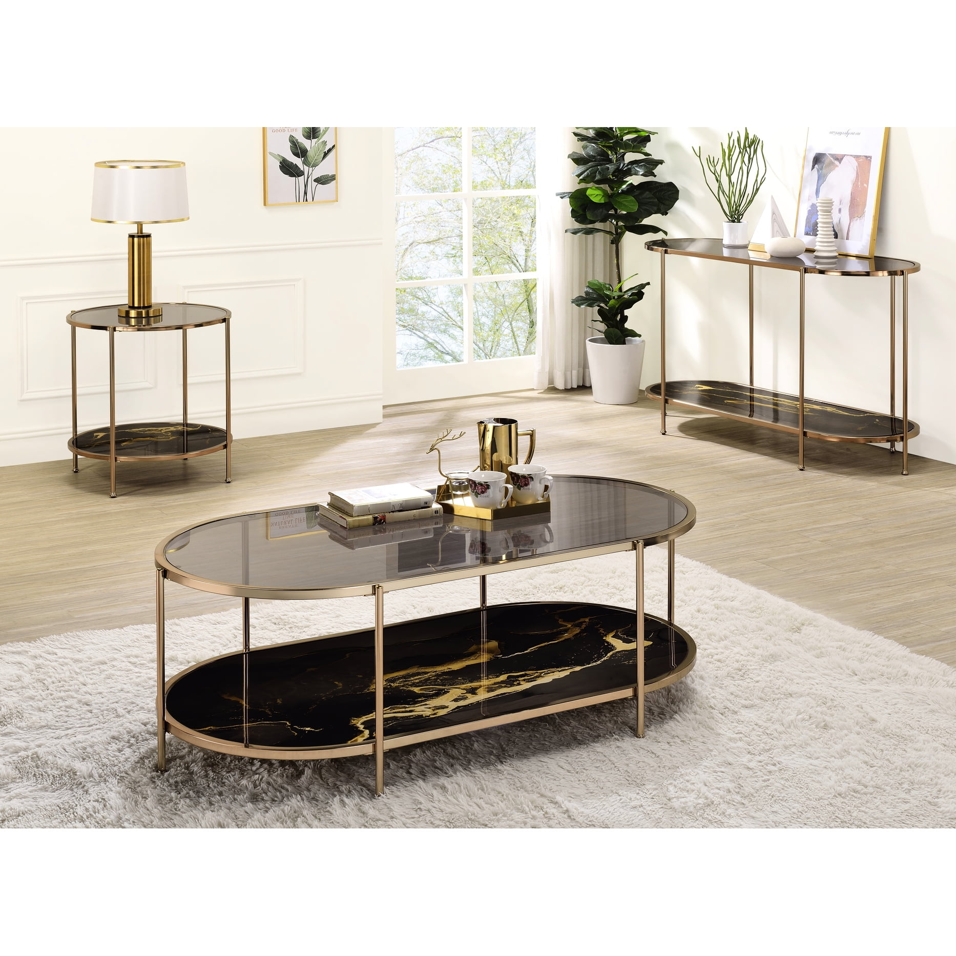 Elegant Black Marble Print Coffee Table With Metal Components And Shelf ...