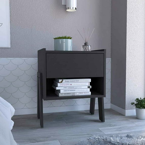 Elegant Black Nightstand With One Drawer And Open Shelf Unit Functional ...