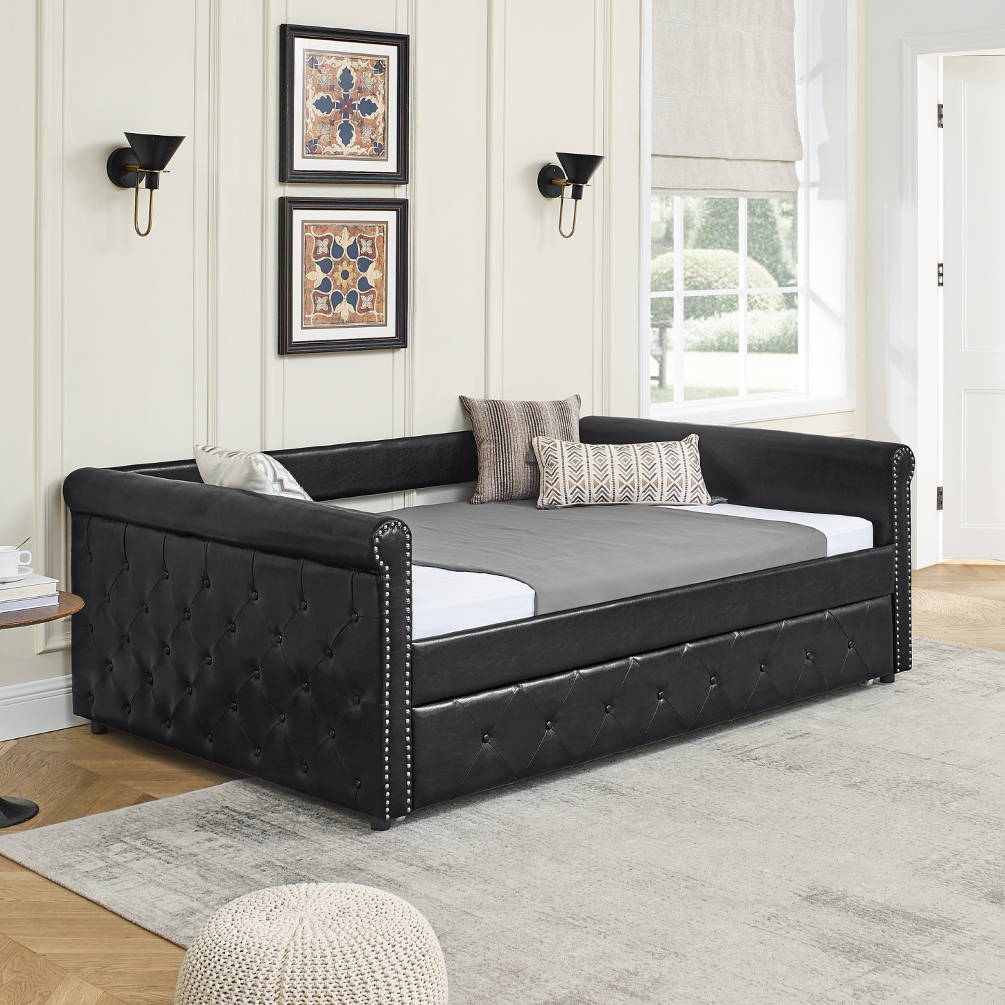 Elegant Black PU Daybed with Trundle, Button Tufted Design & Copper ...