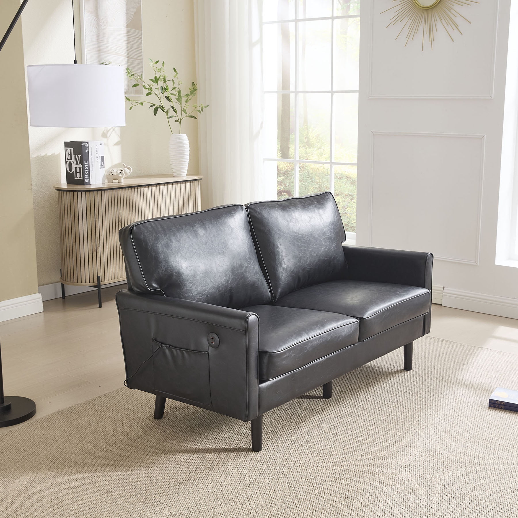Elegant Black PU Leather Loveseat Spacious 2 Seater Tailored Mid ...