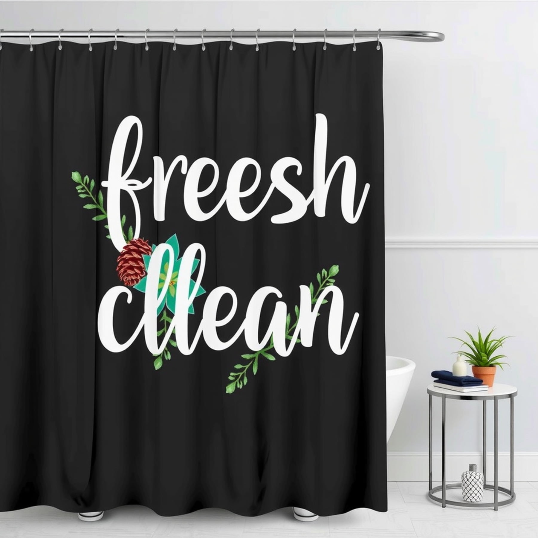 Elegant Black Shower Curtain with 'Fresh Clean' Cursive Design ...