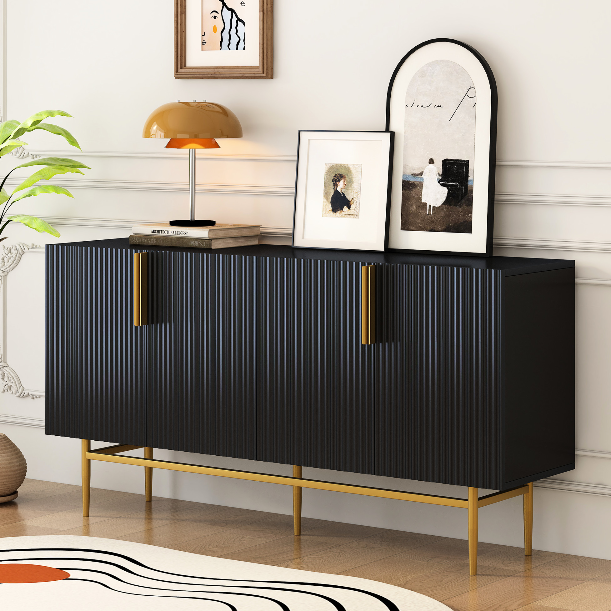 Elegant Black Sideboard With 4 Doors. Gold Metal Accents. Buffet ...