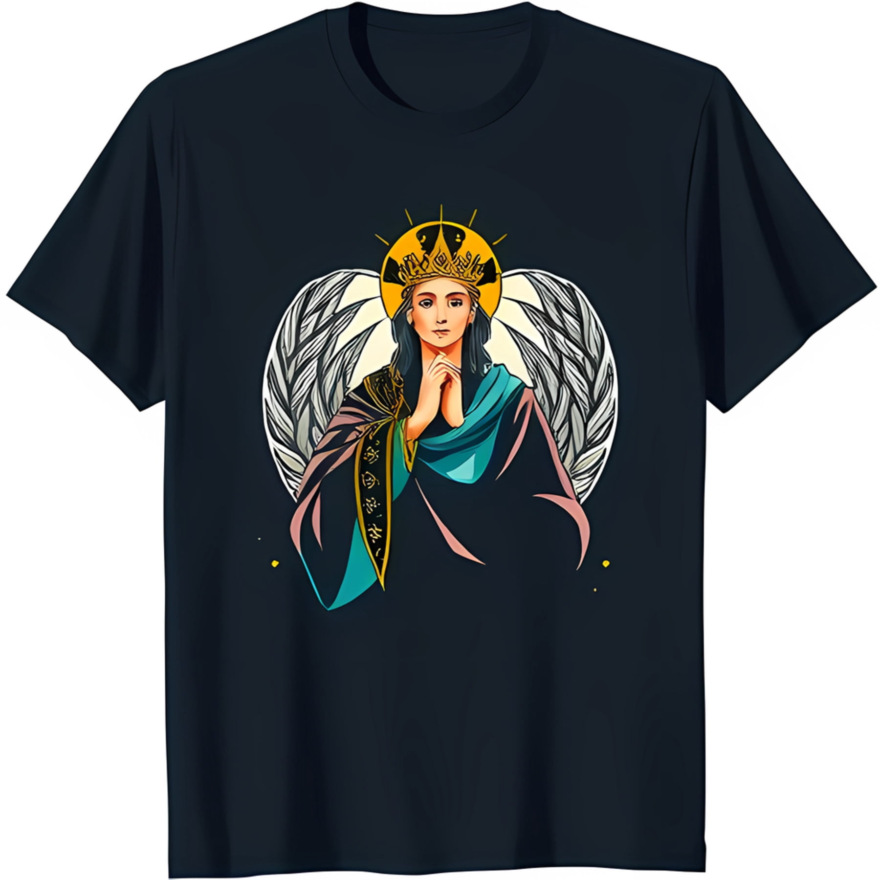 Elegant Black T-Shirt with Angelic Woman in Crown & Wings Graphic ...