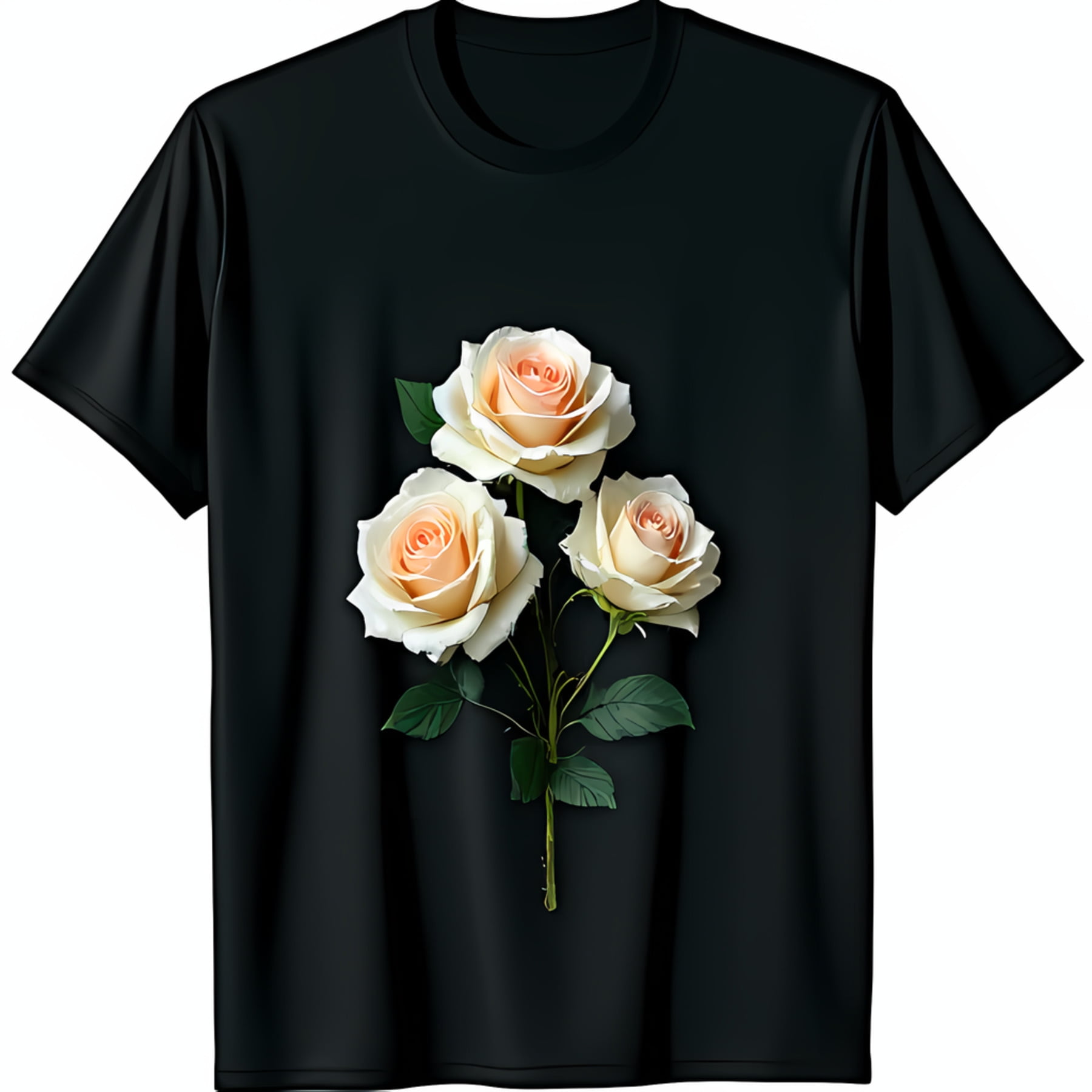 Elegant Black T-Shirt with Blooming White Roses Design Classic Neck ...