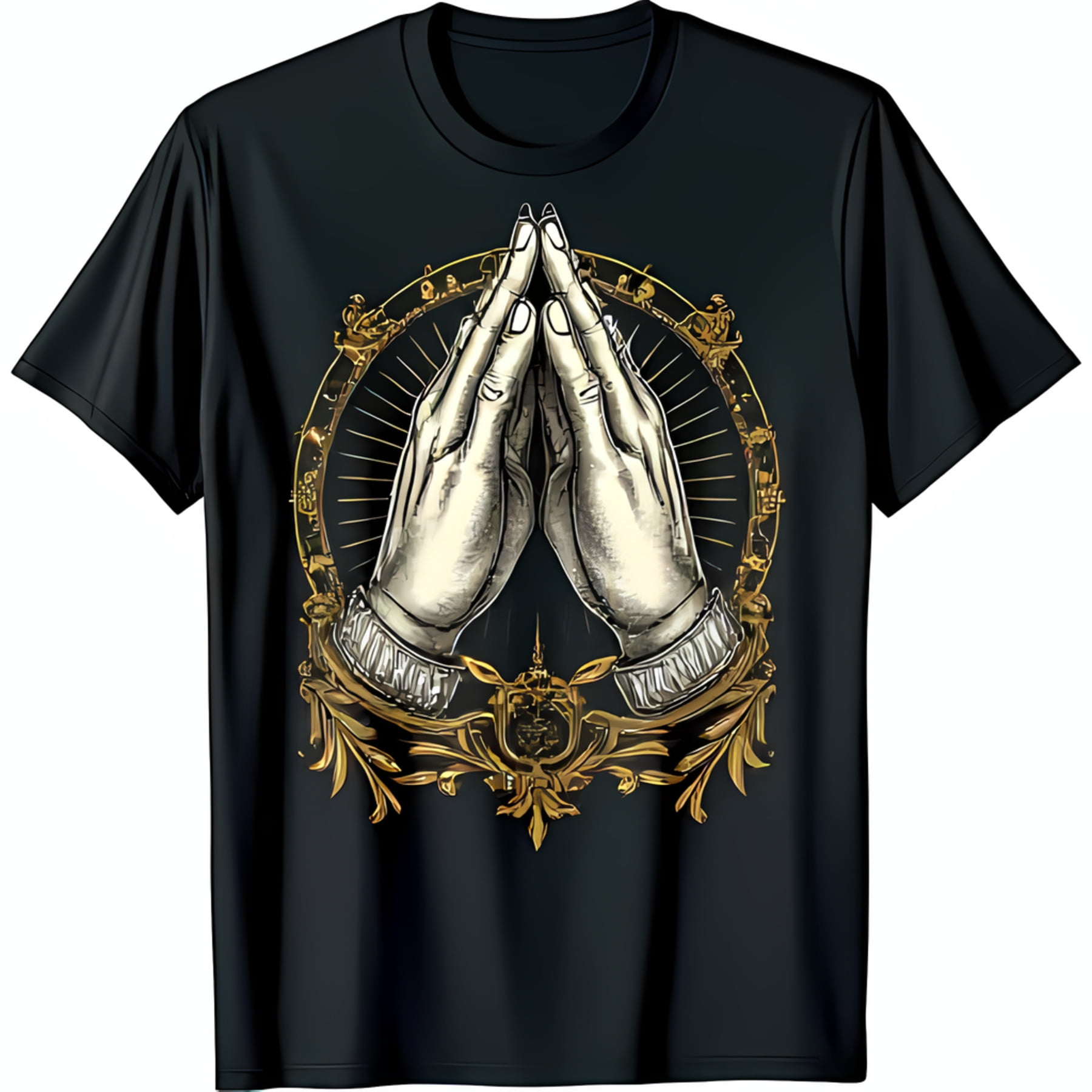 Elegant Black T-Shirt with Gold Prayer Hands Graphic Spiritual Design ...