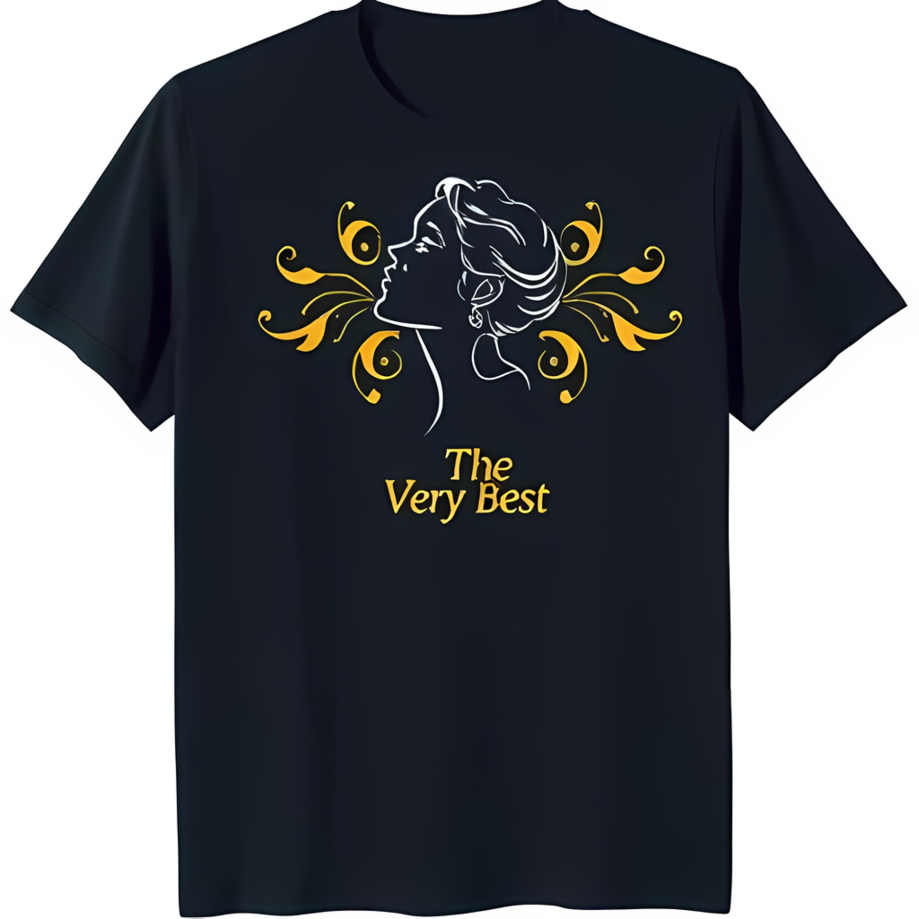 Elegant Black T-Shirt with Woman's Profile Flowing Hair & Yellow Floral ...
