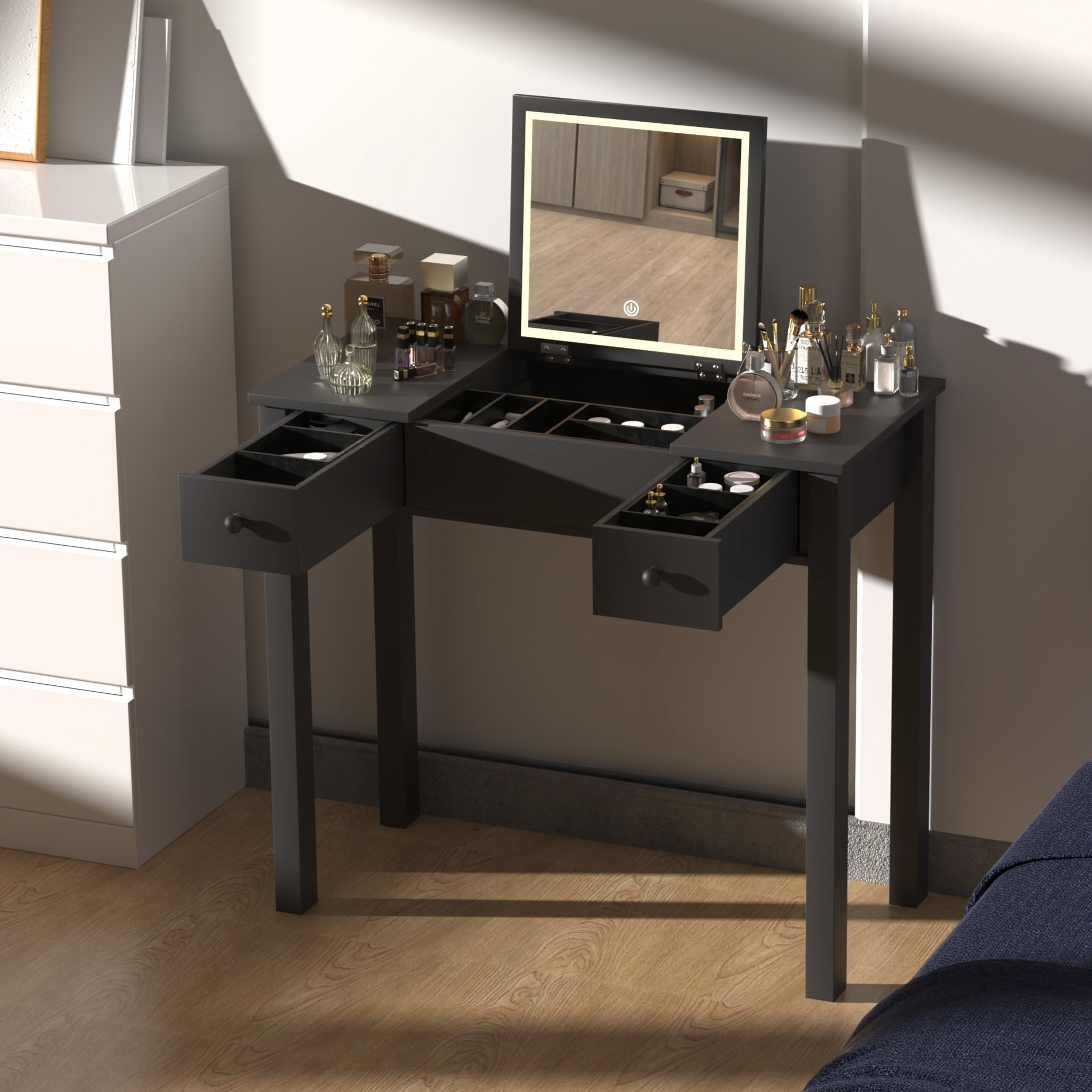 Elegant Black Vanity Table with Led Lights,Flip-Top Mirror and 2 ...