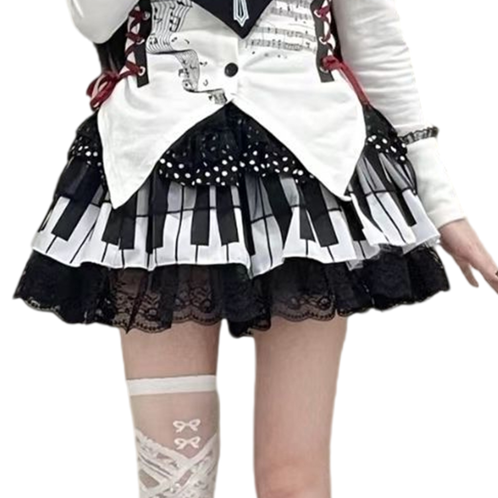 Elegant Black White Piano Key Round Dot Lace Skirt High Waist ...