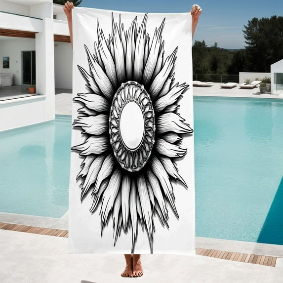 Elegant Black - White Sunflower Pattern Beach Towel - Detailed ...