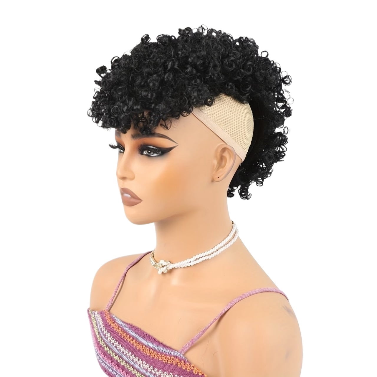 Elegant Black Women's Bun Hair Wigs with Bangs - Faux Beak Curls ...