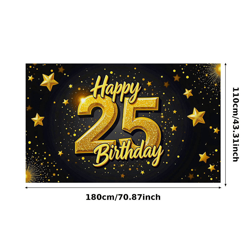 Elegant Black and Gold Happy 25 Birthday Banner with Star and Balloon ...