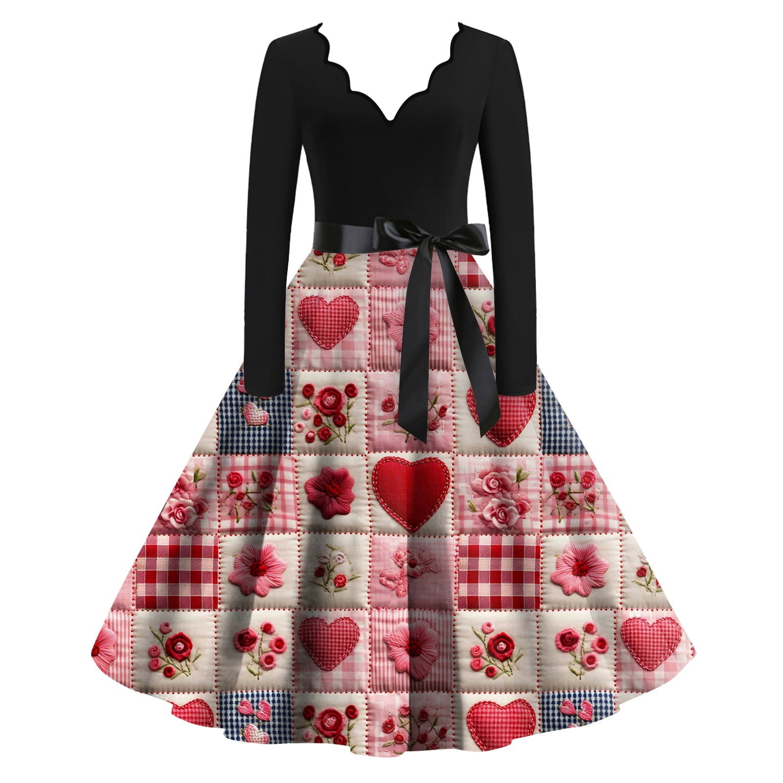 Elegant Black and Pink Heart Print Vintage A-Line Dress with Long ...