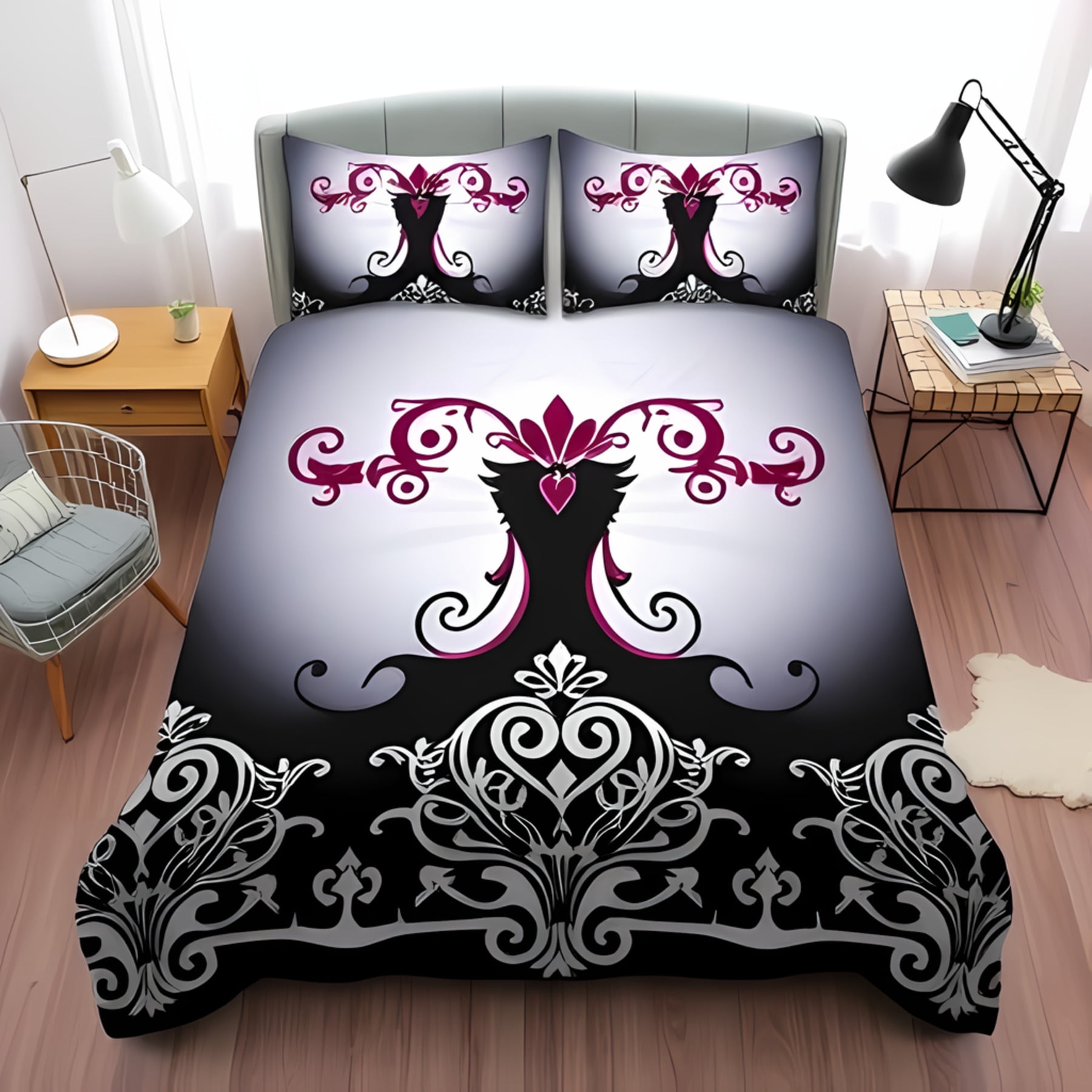 Elegant Black and White Floral Comforter Set with Gray and Purple ...