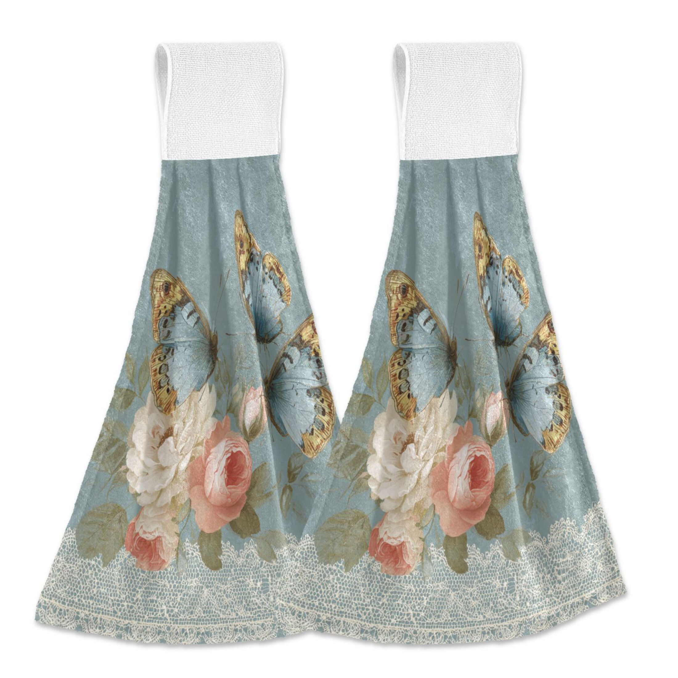 Elegant Blue Butterflies Roses White Lace Hanging Towels with Loop Hand ...