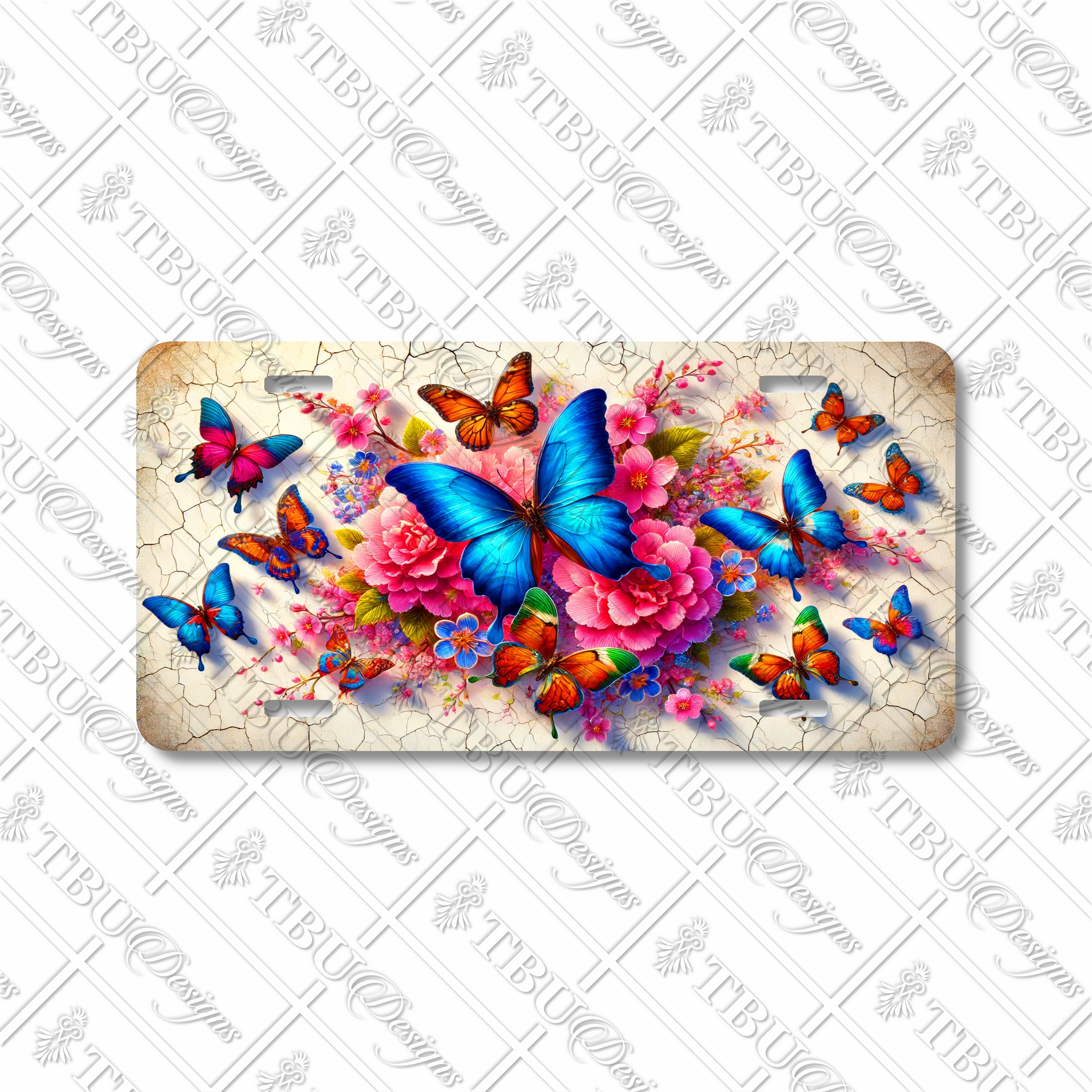 Elegant Blue Butterflies and Floral Design Aluminum License Plate ...