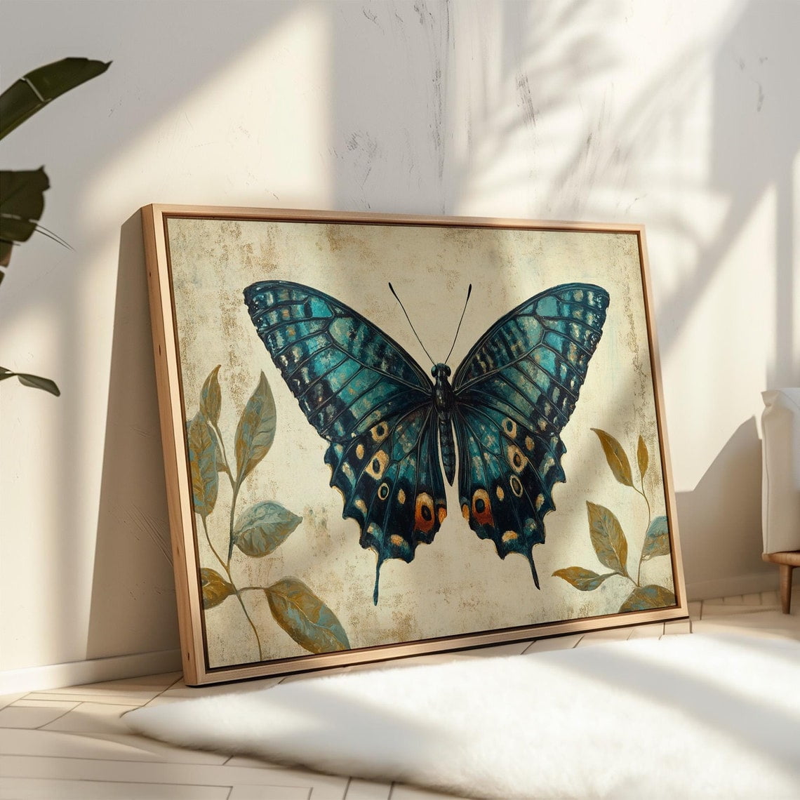 Elegant Blue Butterfly Wall Art With Rustic Botanical Details – Perfect ...