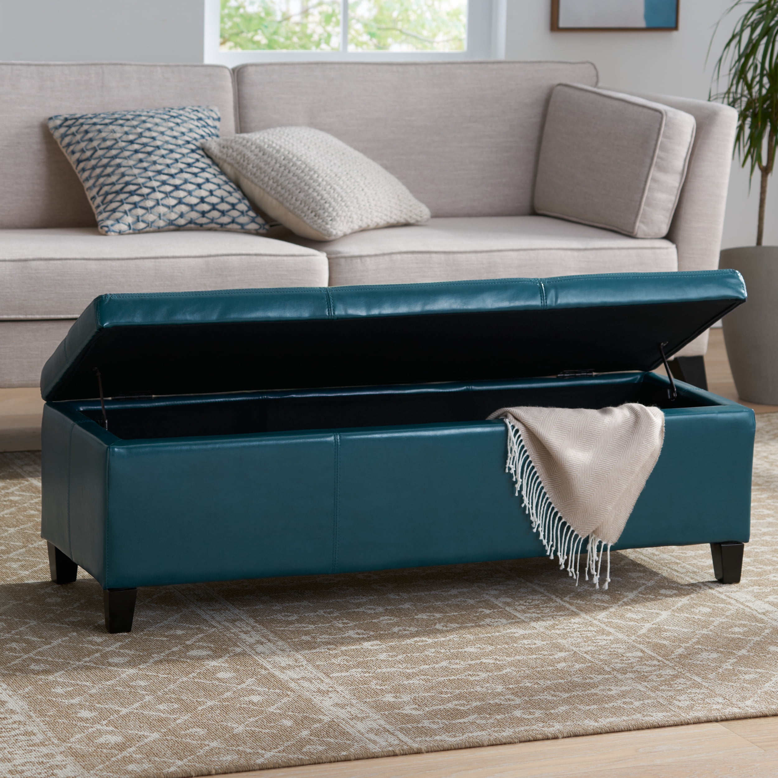 Elegant Blue Faux Leather Storage Ottoman Bench with Pressure Hinges ...