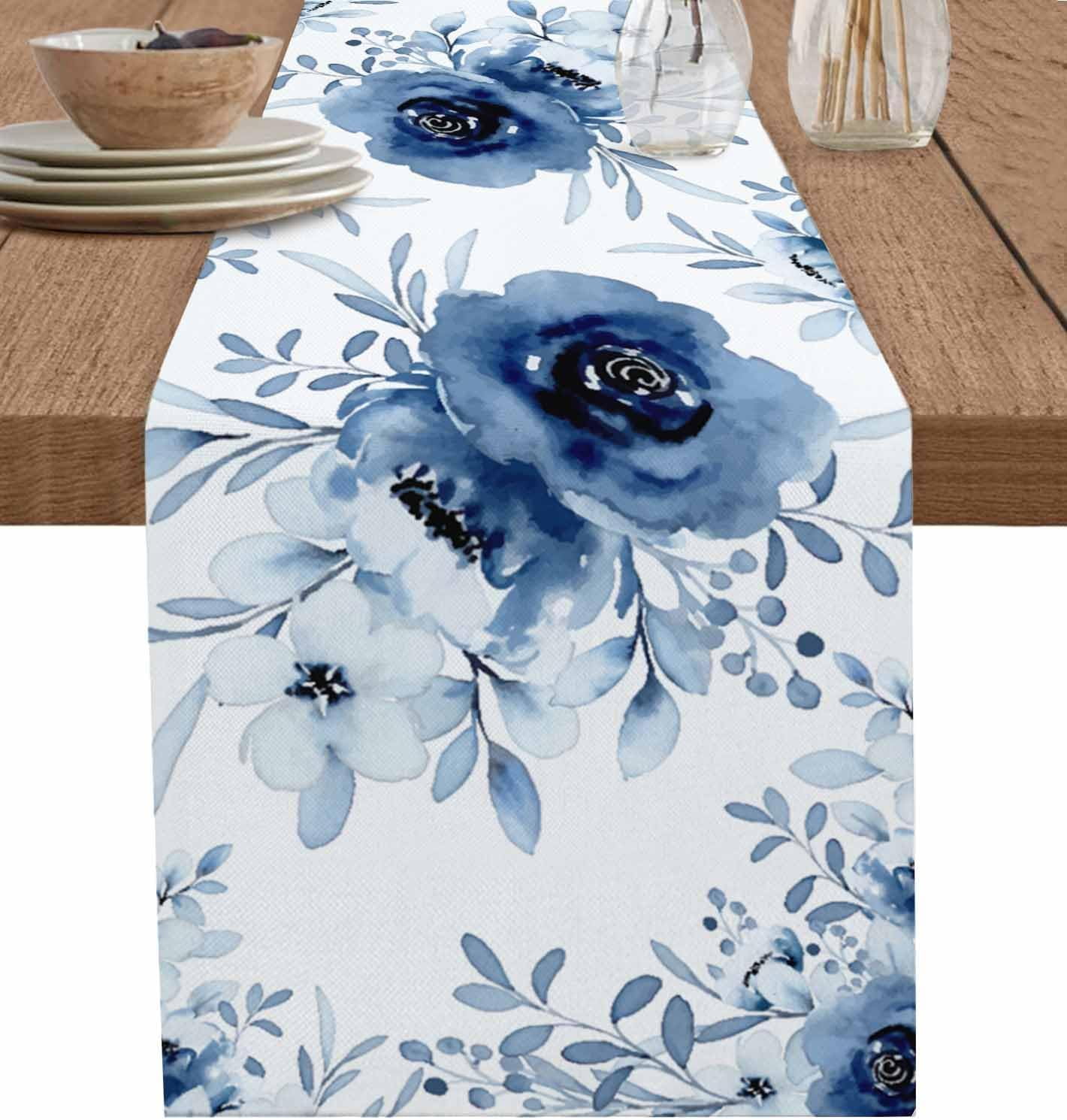 Elegant Blue Floral Watercolor Table Runners 72 inches Long Wedding ...