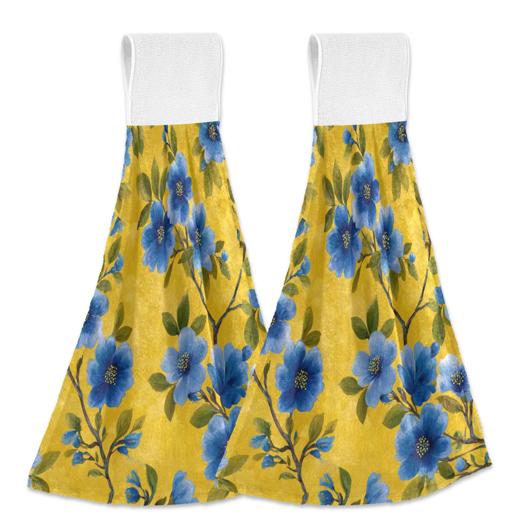 Elegant Blue Floral Yellow Background Hanging Towels with Loop Hand ...