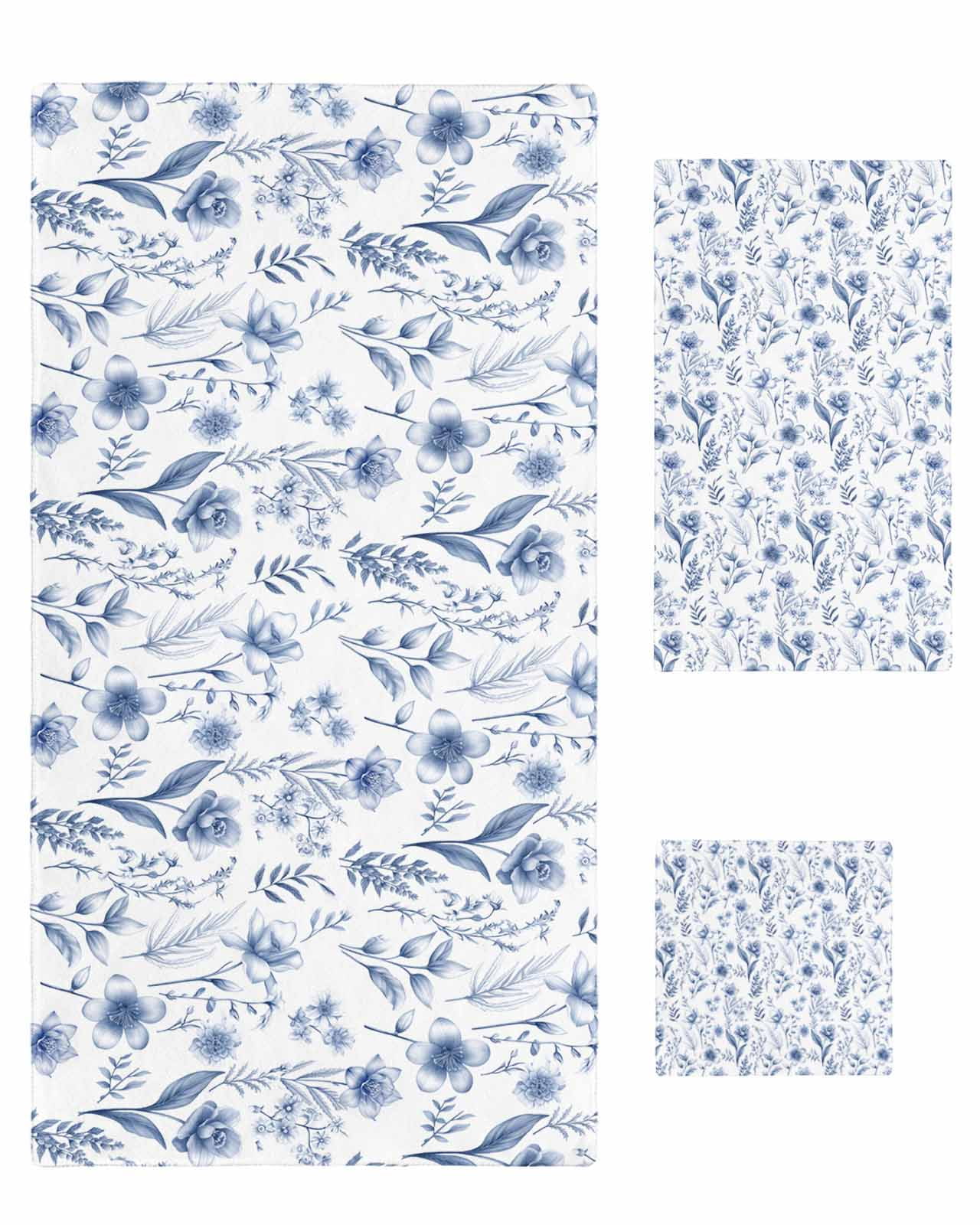 Elegant Blue Flowers Bath Towels for Bathroom Set,Luxury Microfiber ...