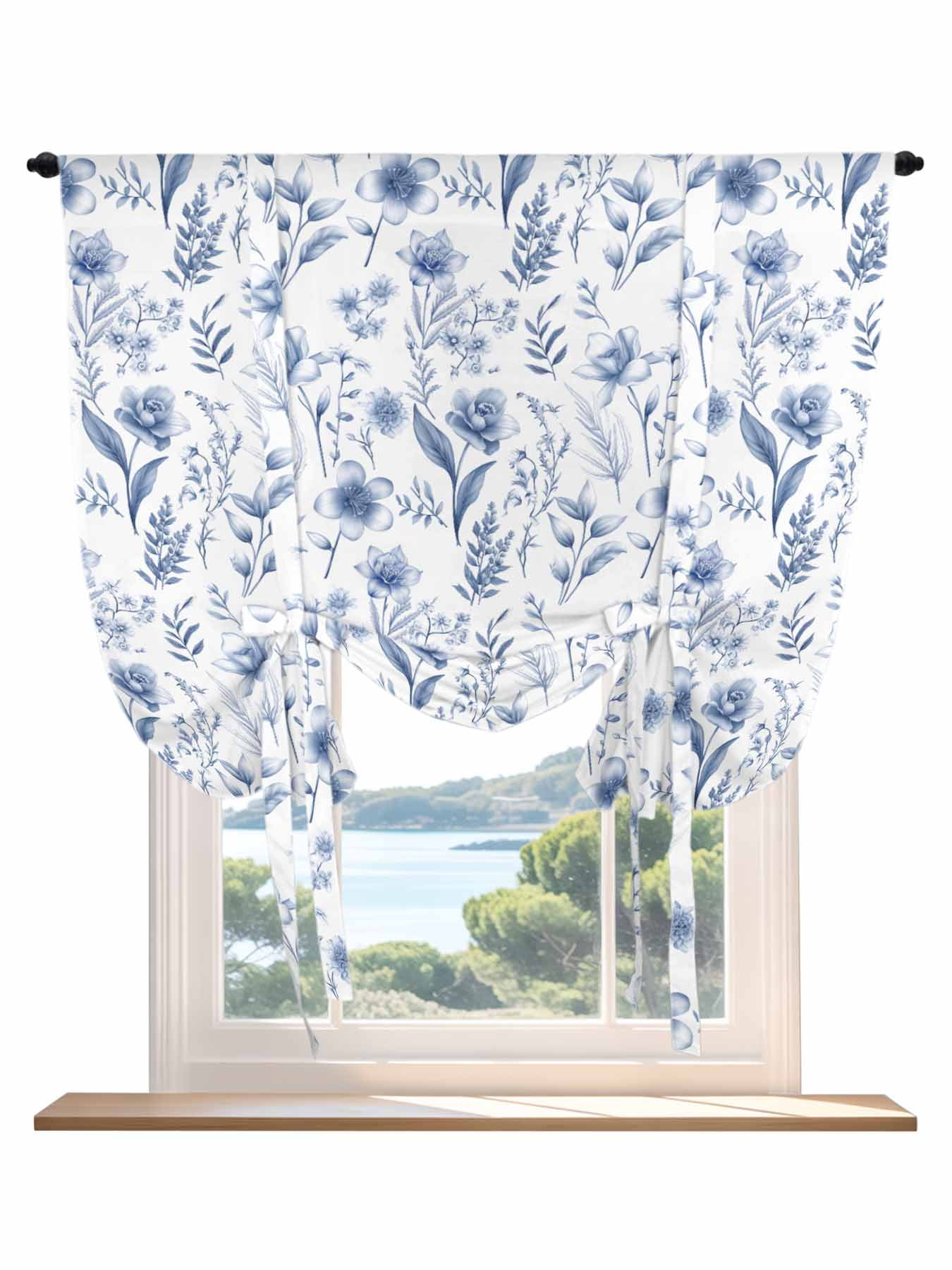 Elegant Blue Flowers Tie Up Curtains for Windows 45 Inch Length Balloon ...