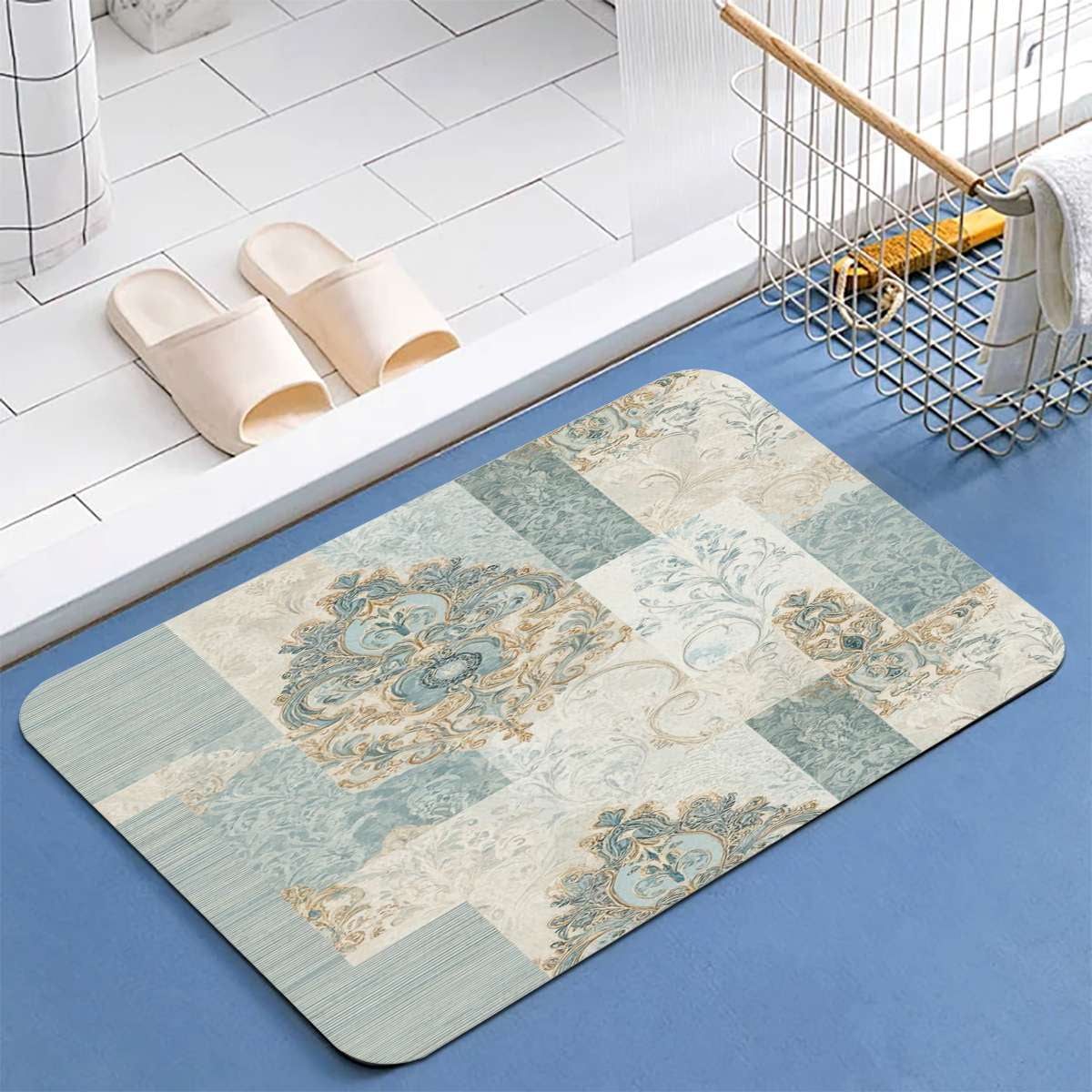 Elegant Blue Gold Damask Pattern Diatomite Bath Mats Bathroom Absorbent ...