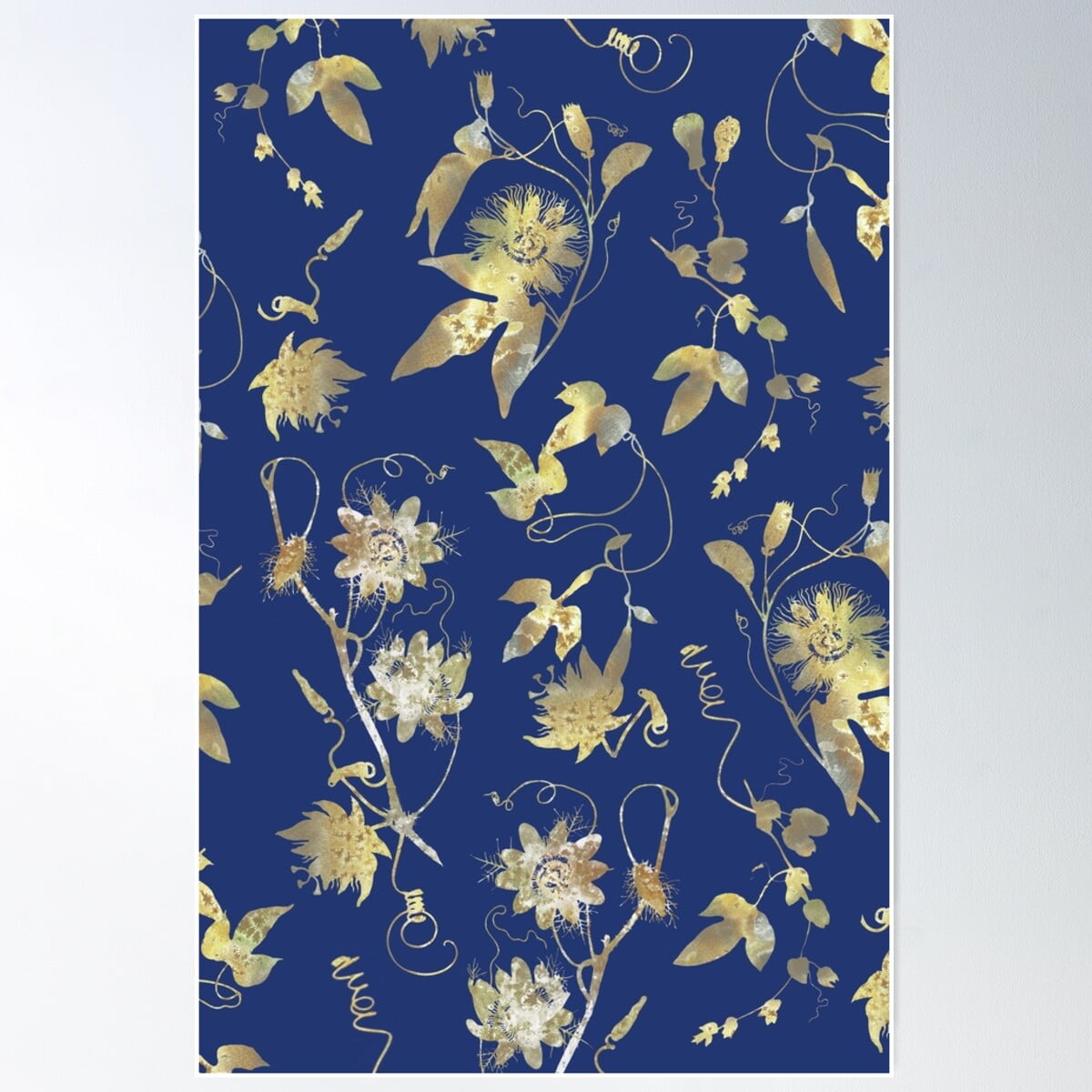 Elegant Blue Gold Passion Flower Floral Pattern Poster Wall Art, Modern ...