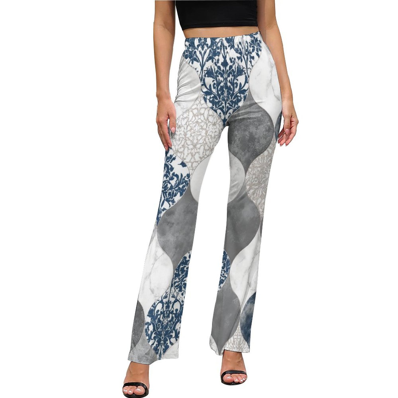Elegant Blue Gray Marble Tiles High Waisted Casual Flared Trousers ...