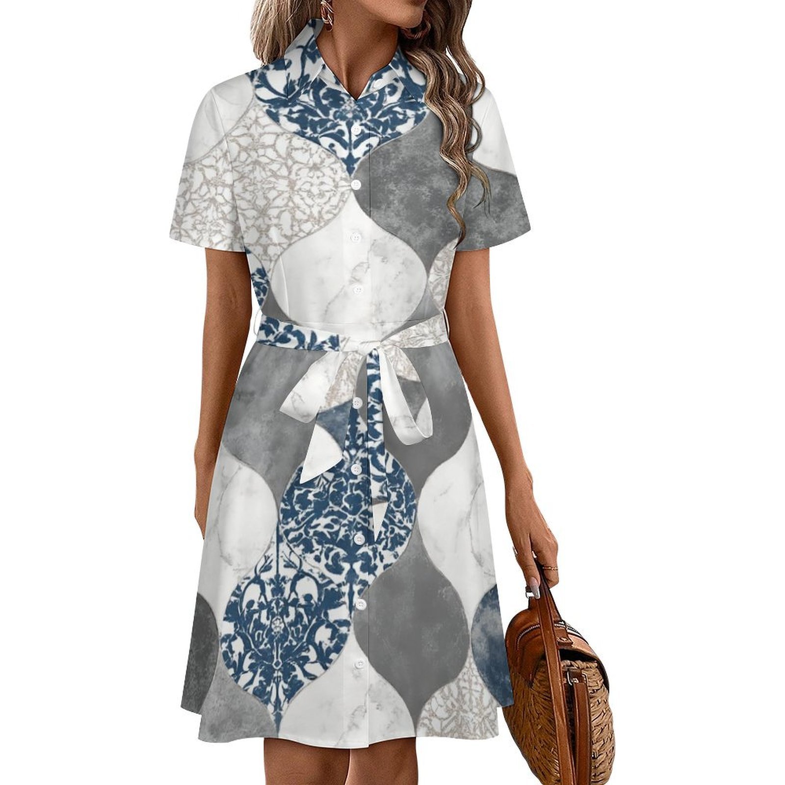 Elegant Blue Gray Marble Tiles Womens Shirt Dresses Women'S Short ...