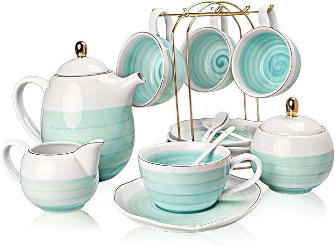 Elegant Blue Nature-Inspired Porcelain Tea Set Modern 16-Piece Service ...