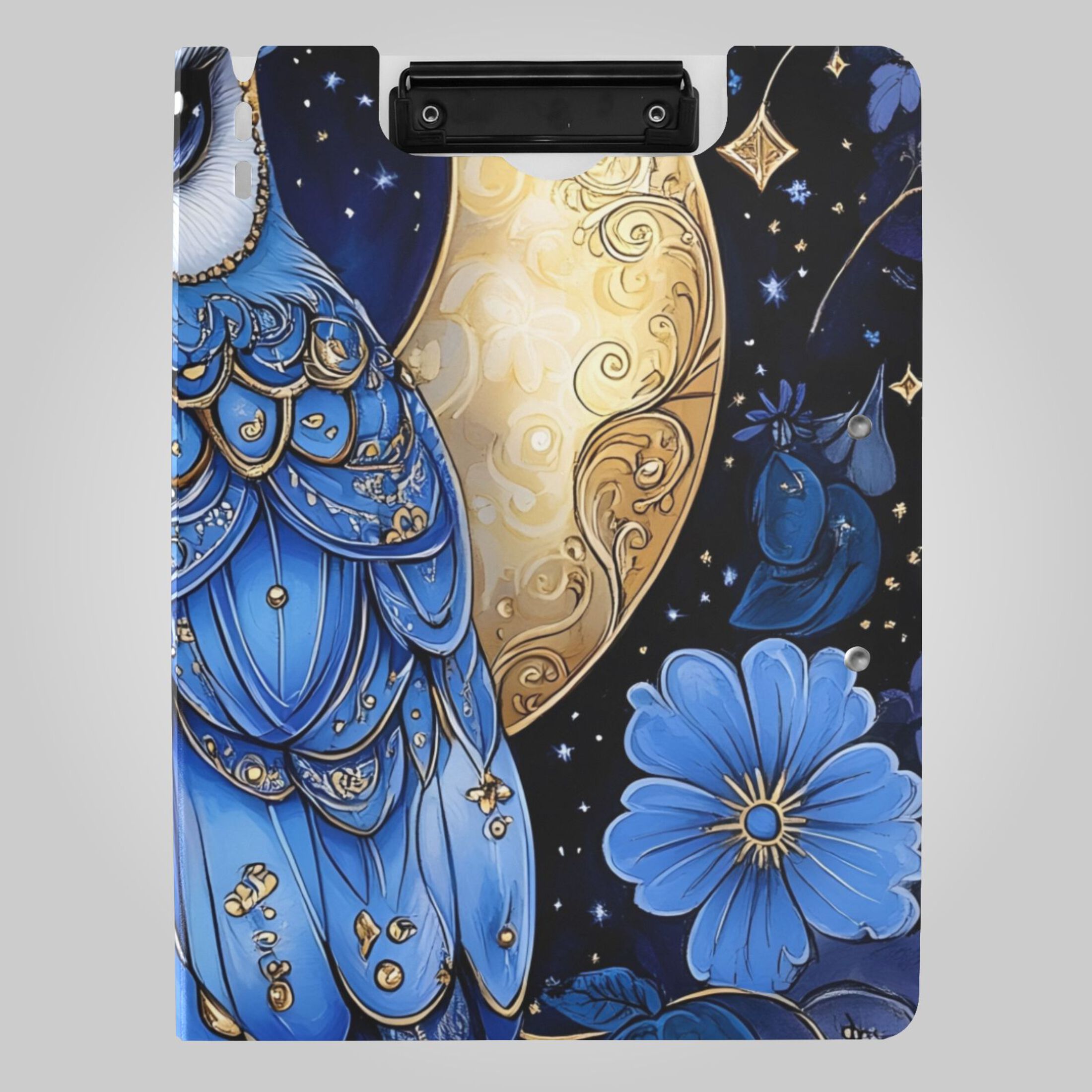 Elegant Blue Owl Flowers Moon Foldable Binder Folder Clipboard with Pen ...