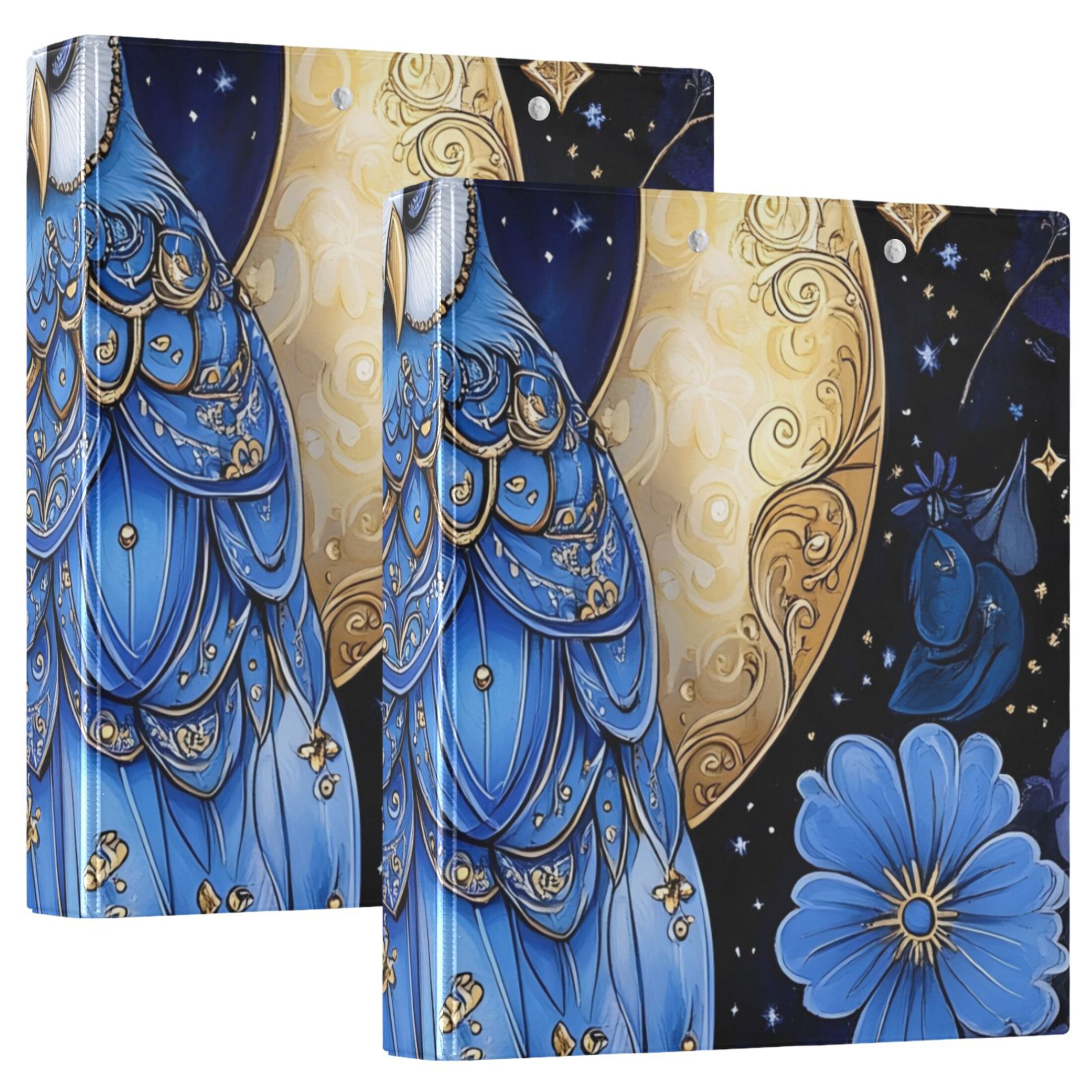 Elegant Blue Owl Flowers Moon Round Ring Binder 3 Rings 1.5" Capacity ...