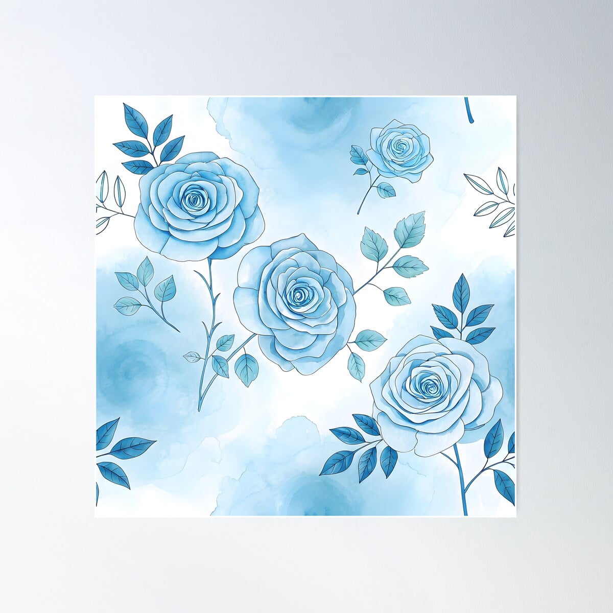 Elegant Blue Roses Watercolor Floral Pattern Poster Wall Art, Modern ...