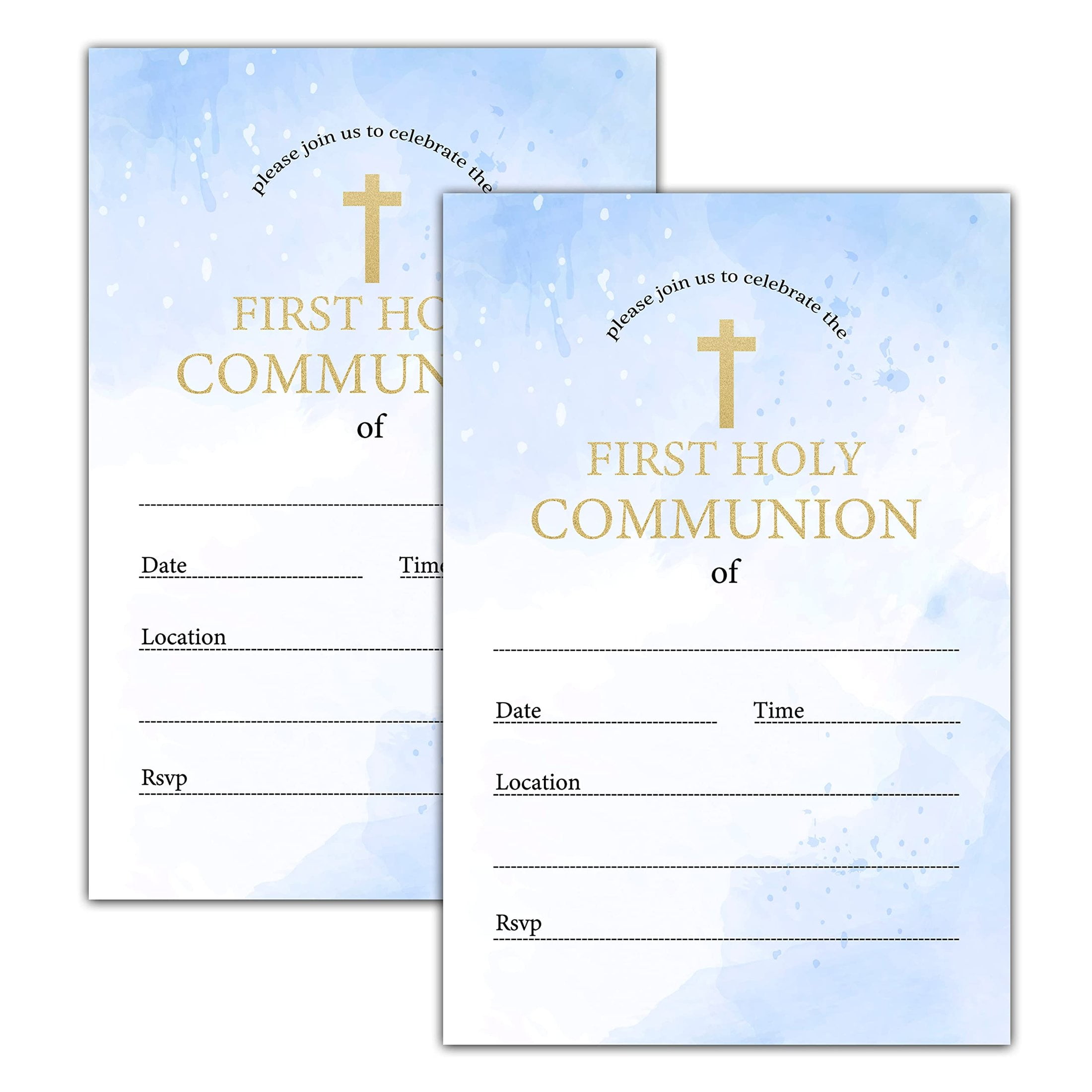 Elegant Blue Watercolor Baptism Invitations with Envelopes for First ...