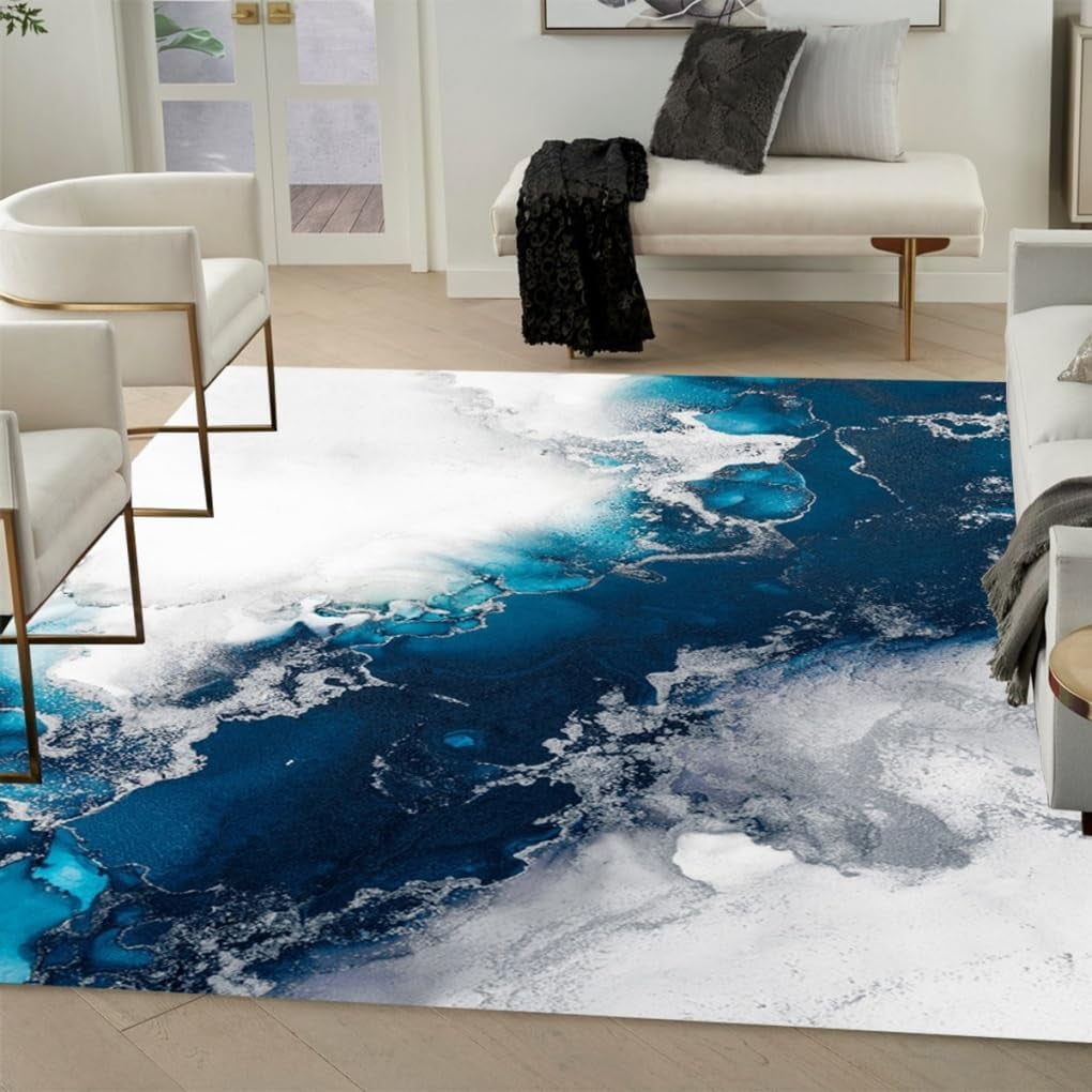 Elegant Blue White Modern Abstract Marble Texture Rugs For Livingroom ...