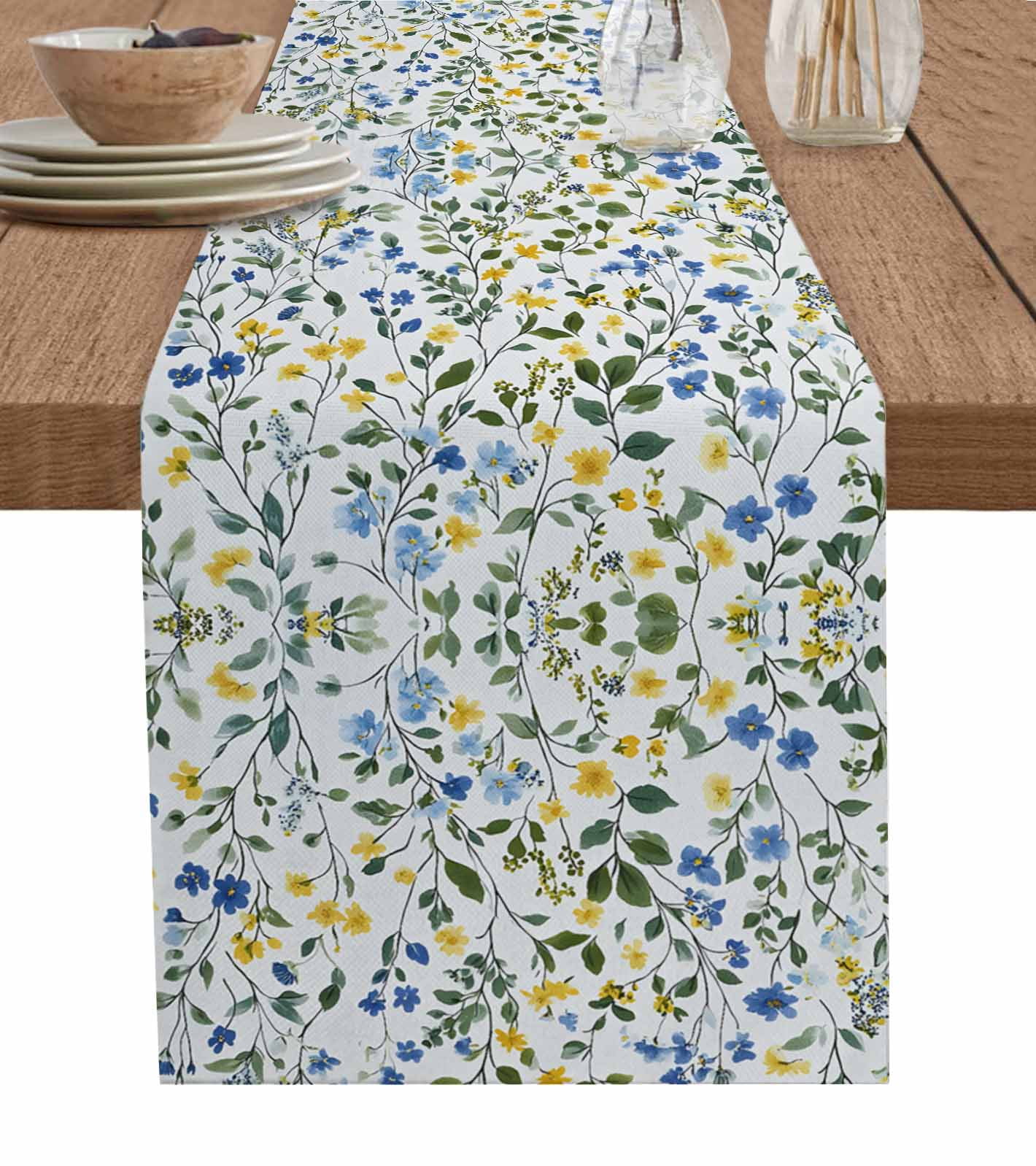 Elegant Blue Yellow Spring Floral Table Runner Summer Botanical Green ...