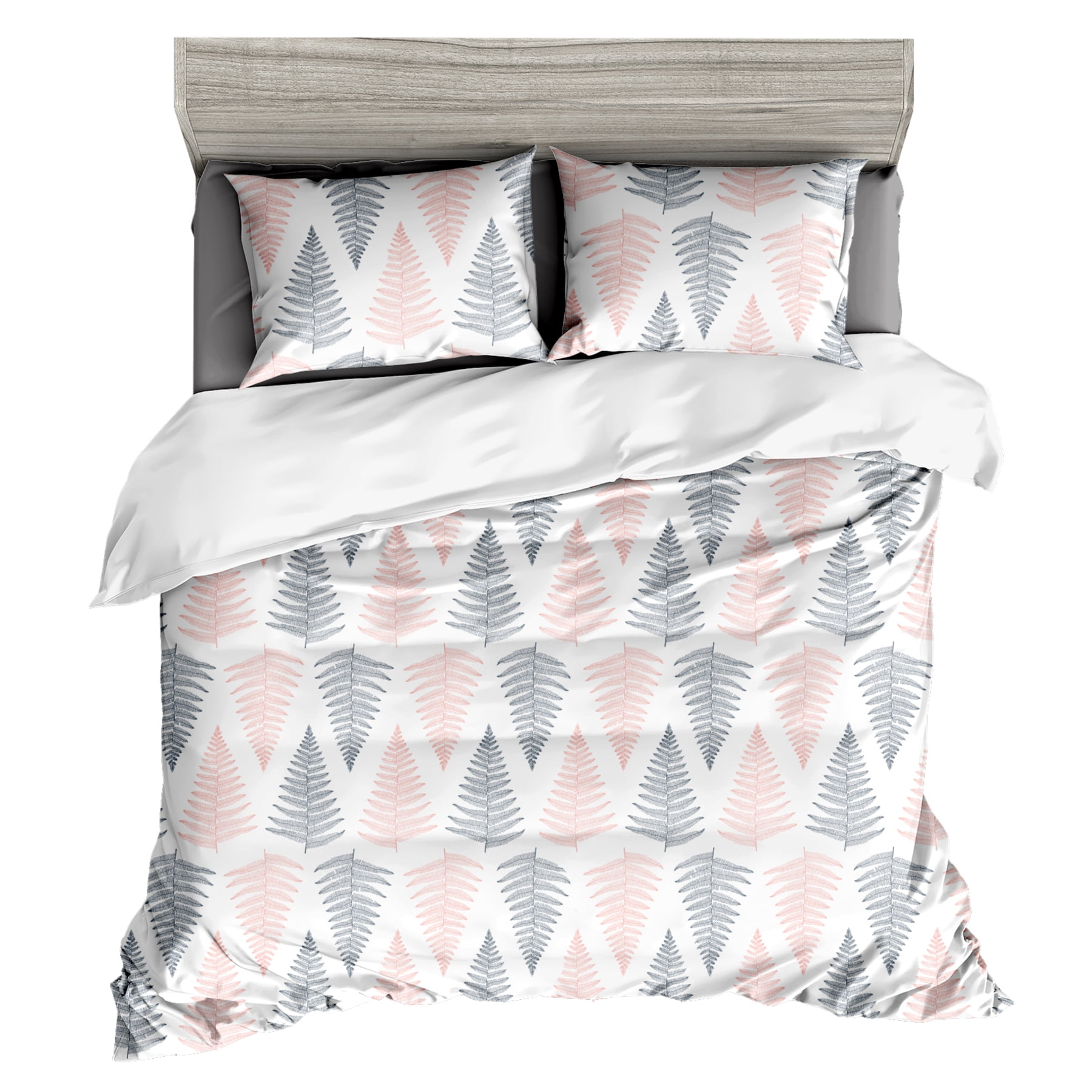Elegant Blush Pink & Slate Gray Fern Leaf Duvet Cover Set Soft Calming ...