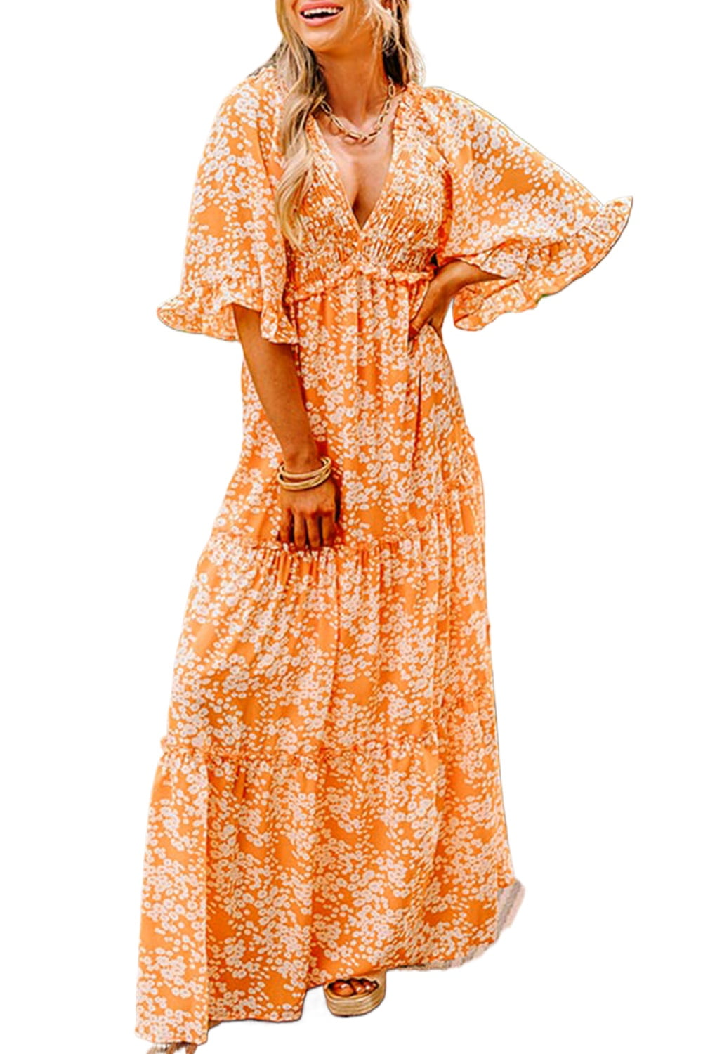 Elegant Bohemian Style Floral Maxi Dress with Smocked V Neck and Wide ...