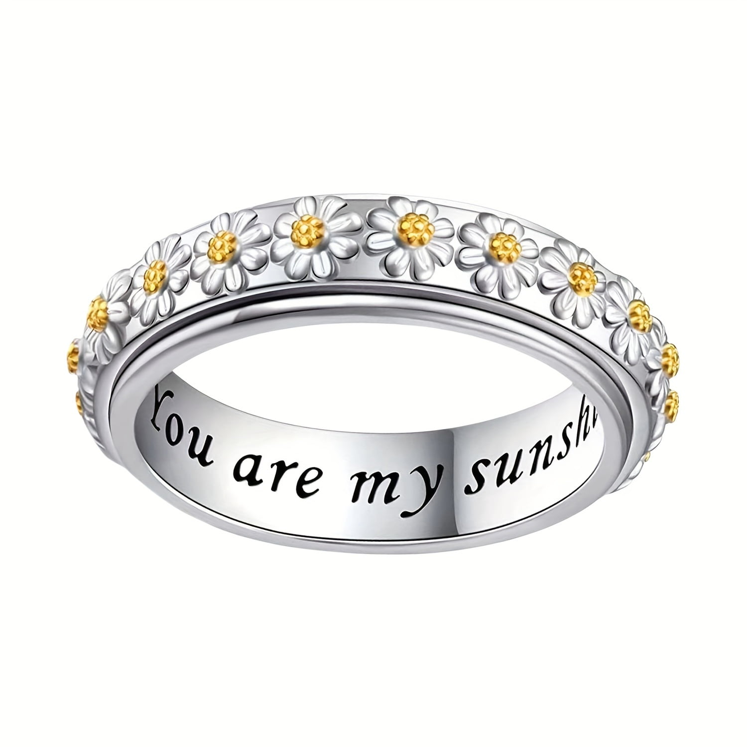 Elegant Boho Style 4g S925 Silver Ring with Daisy Flower Design, Engraved 'You Are My Sunshine ...