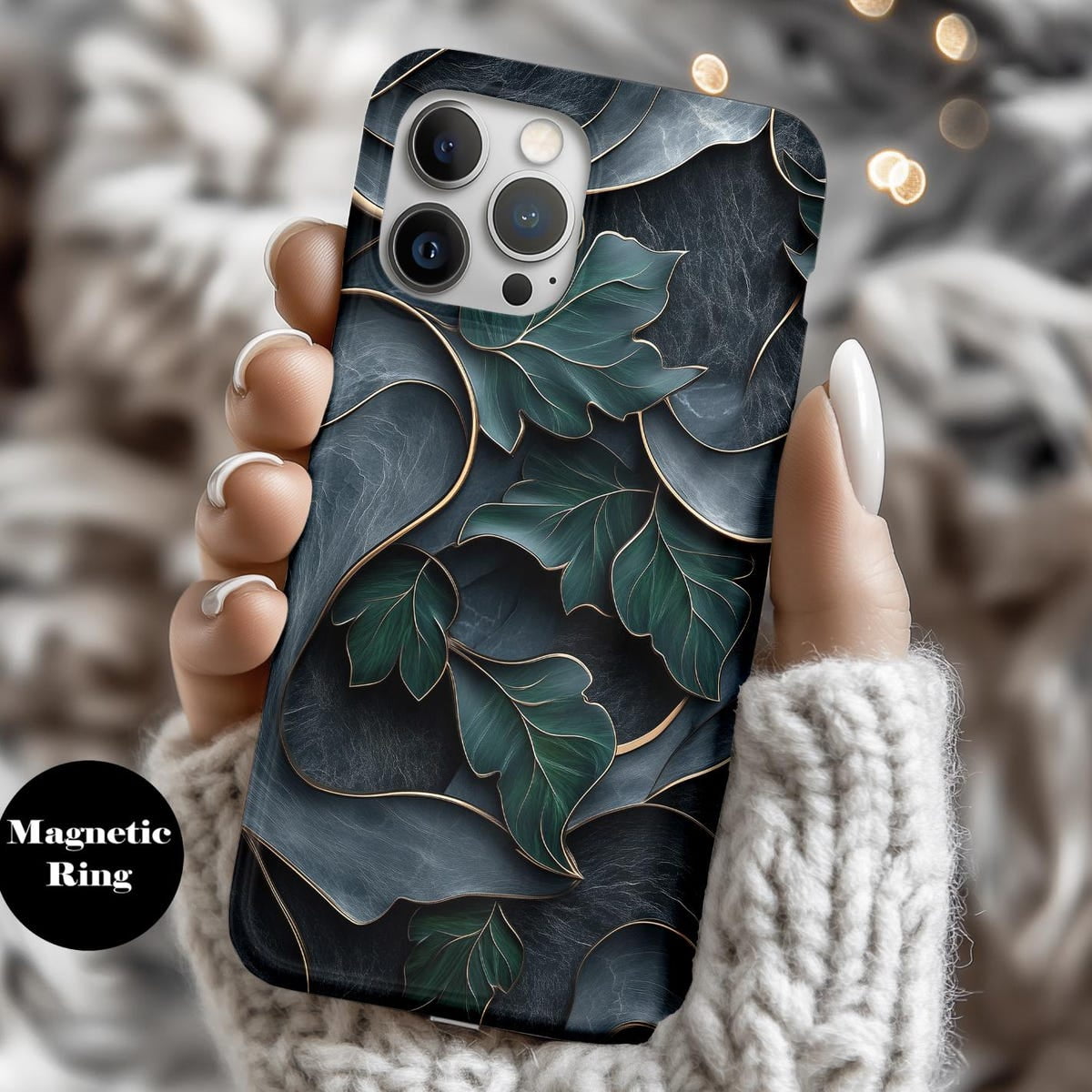 Elegant Botanical 3D MagSafe Phone Case with a Dark Green and Gold Leaf ...