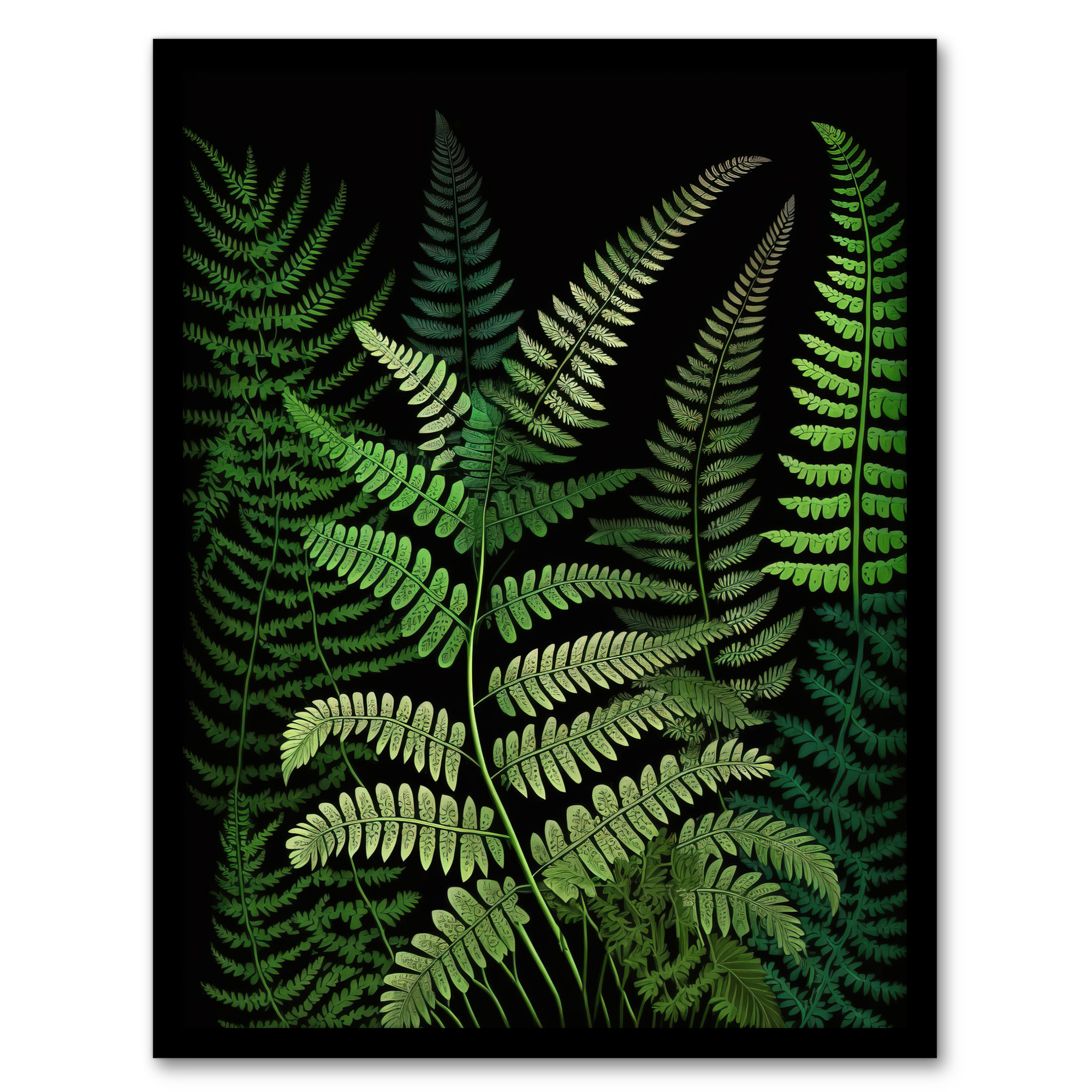 Elegant Botanical Nature Foliage Artwork Fern Fronds Green on Black Art ...