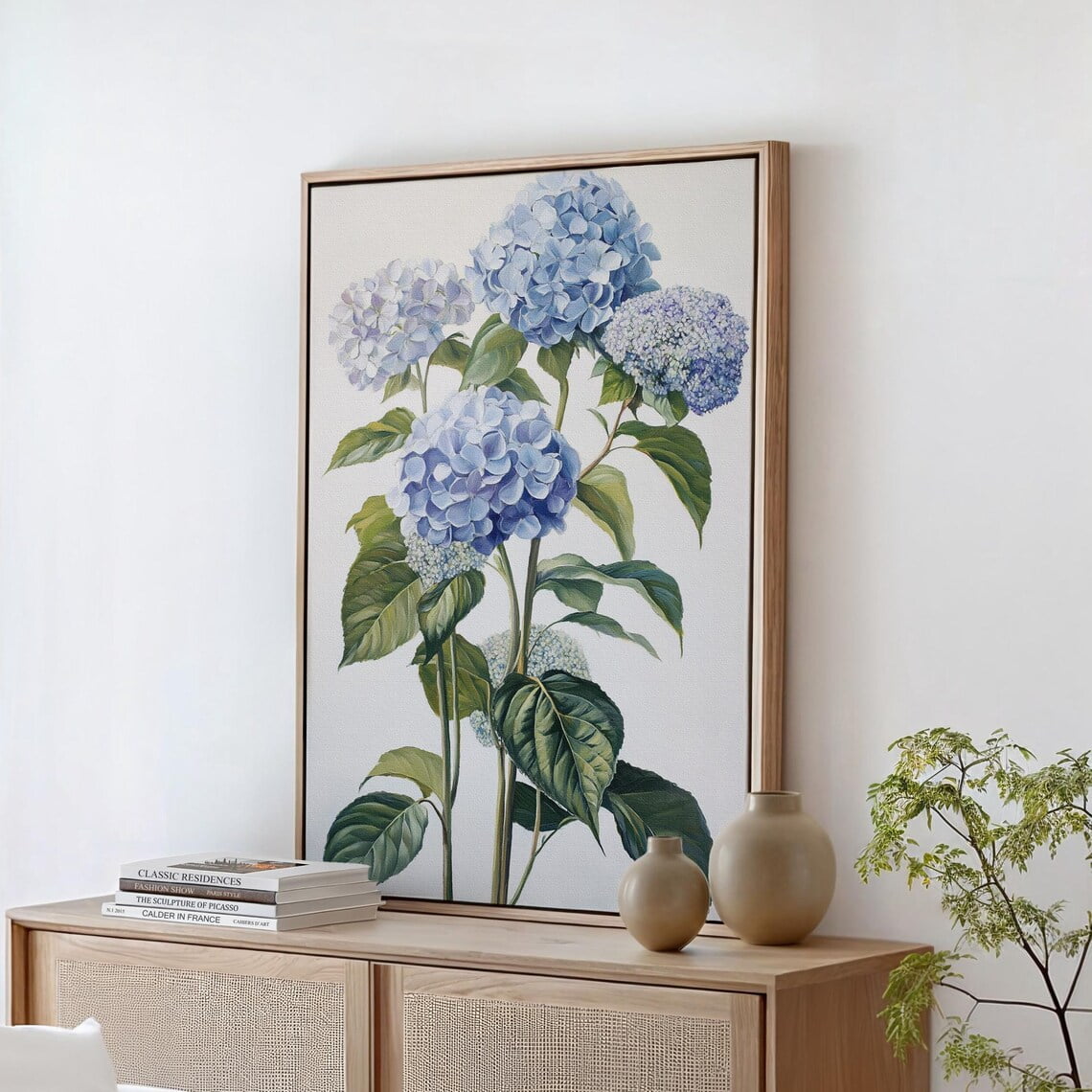 Elegant Botanical Painting Of Blue Hydrangeas With Green Leaves On A White Background - A Serene ...