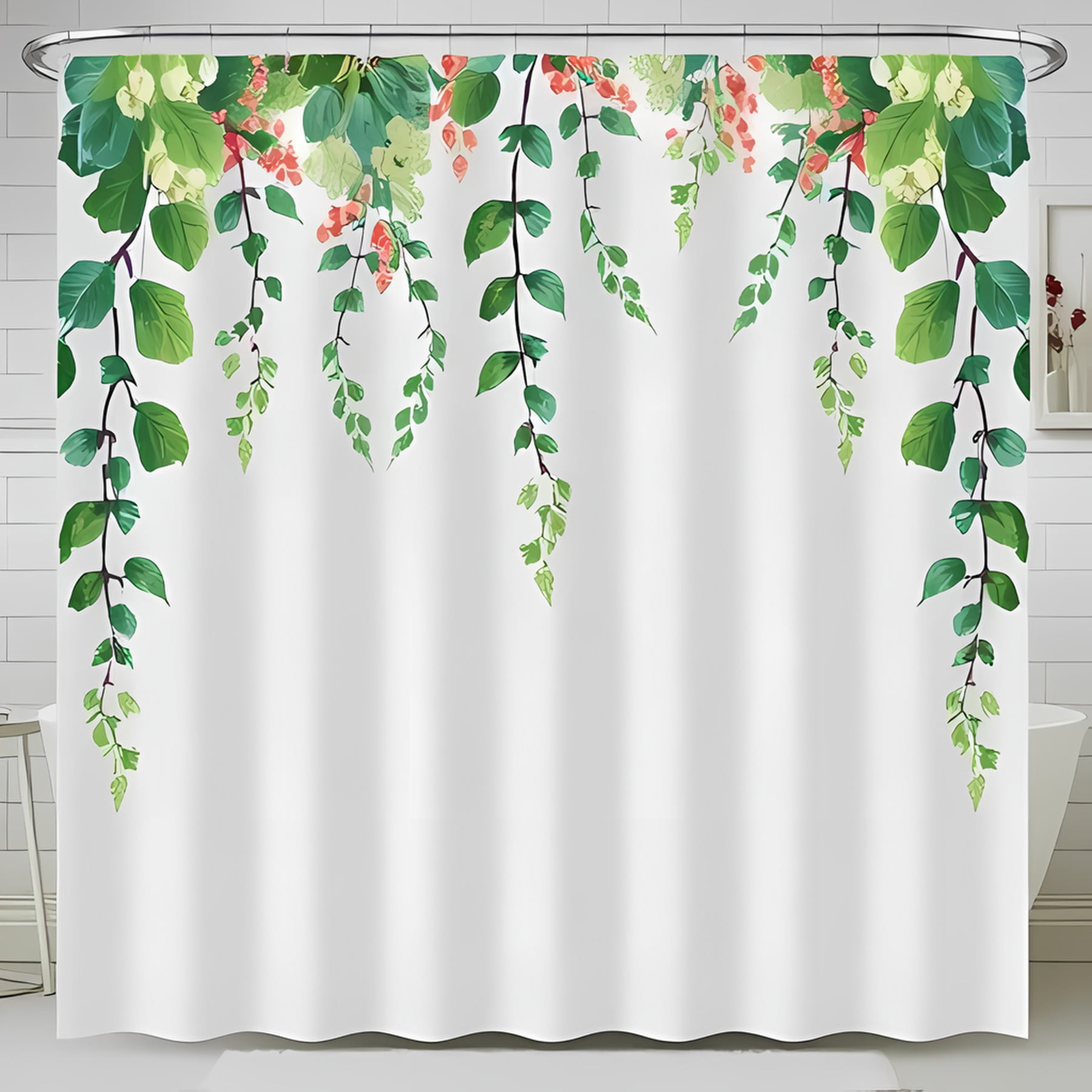 Elegant Botanical Shower Curtain with Cascading Green Vines & Pinkish ...