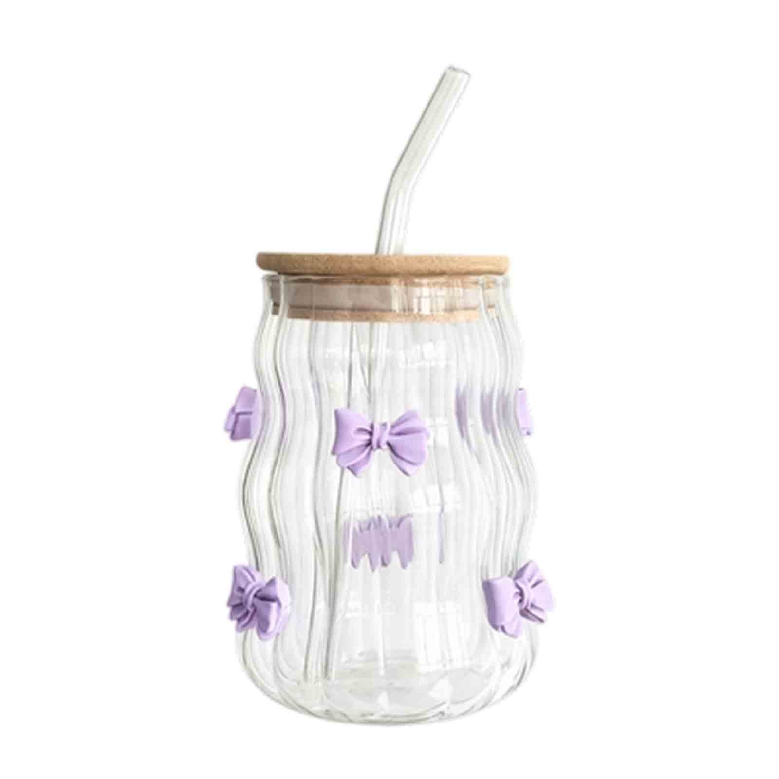 Elegant Bow Pattern Glass Cup With Lid High Temperature Milk Drinking ...