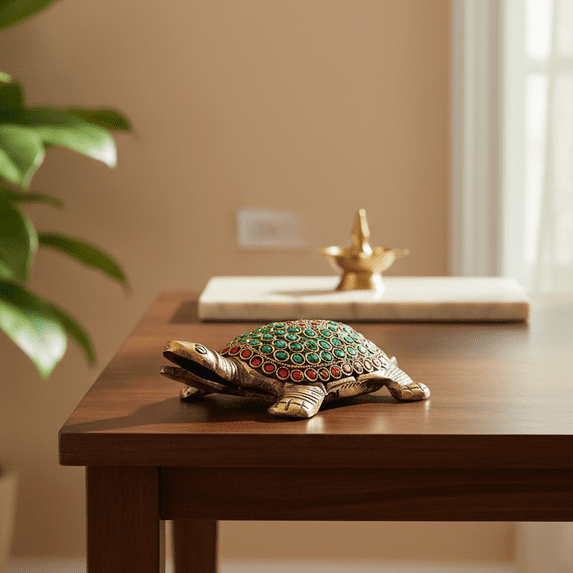 Elegant Brass Turtle Showpiece with Red Gemstones, 4 cm - Symbolizing ...