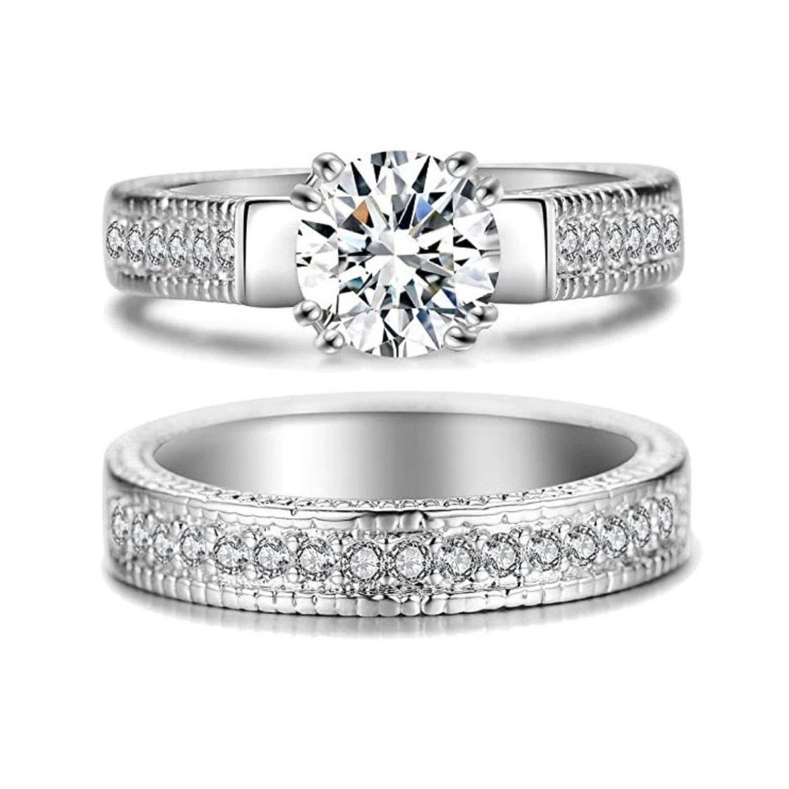Elegant Bridal Set Women's Engagement Ring, Pave Set Half Eternity ...