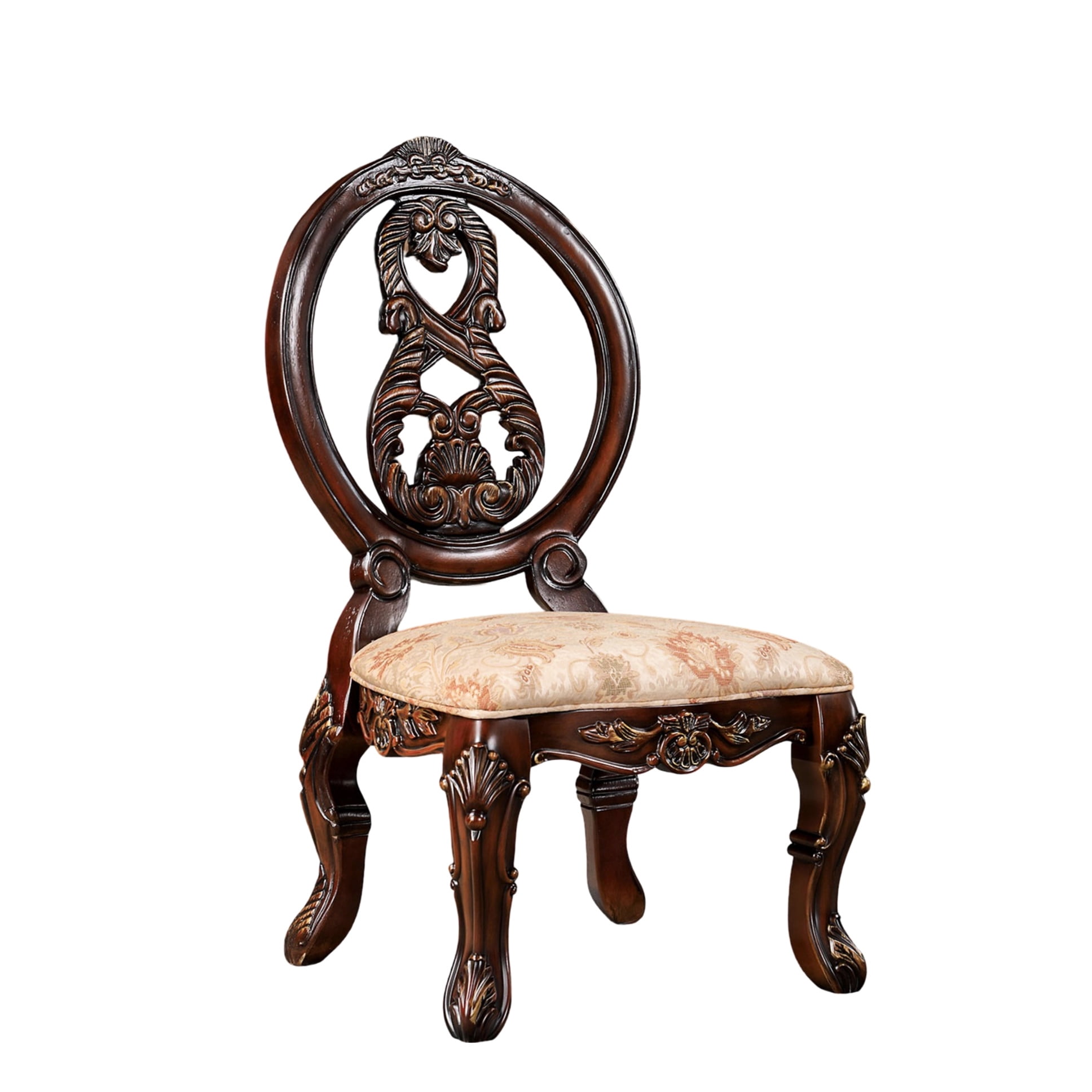 Elegant Brown Cherry & Tan Fabric Dining Chairs, Solid Wood, Welted ...