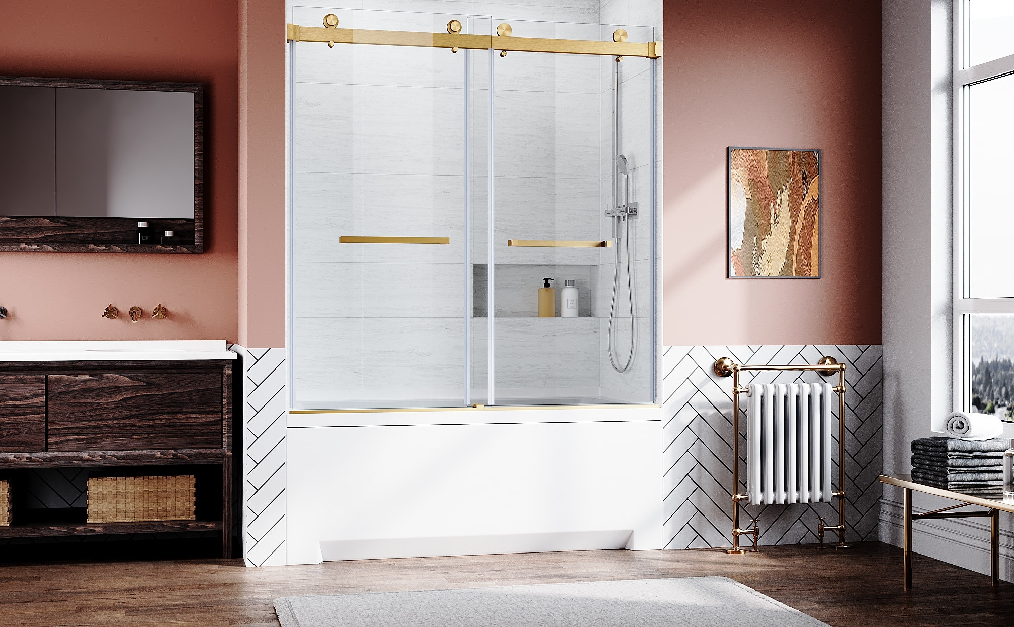 Elegant Brushed Gold Frameless Sliding Bathtub Door with Heavy Duty ...