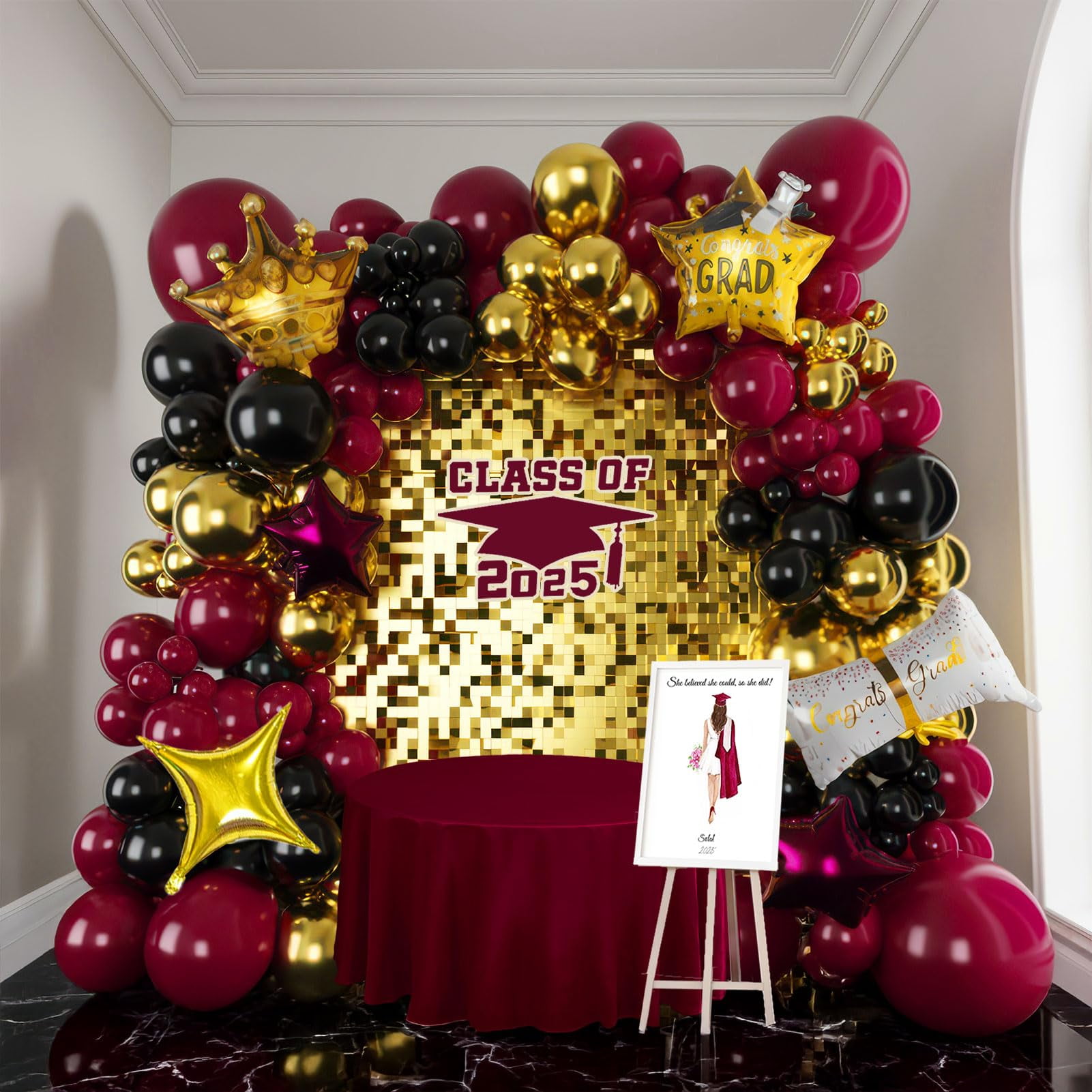 Elegant Burgundy BlackTRDN Gold Graduation Balloon Garland Kit with ...