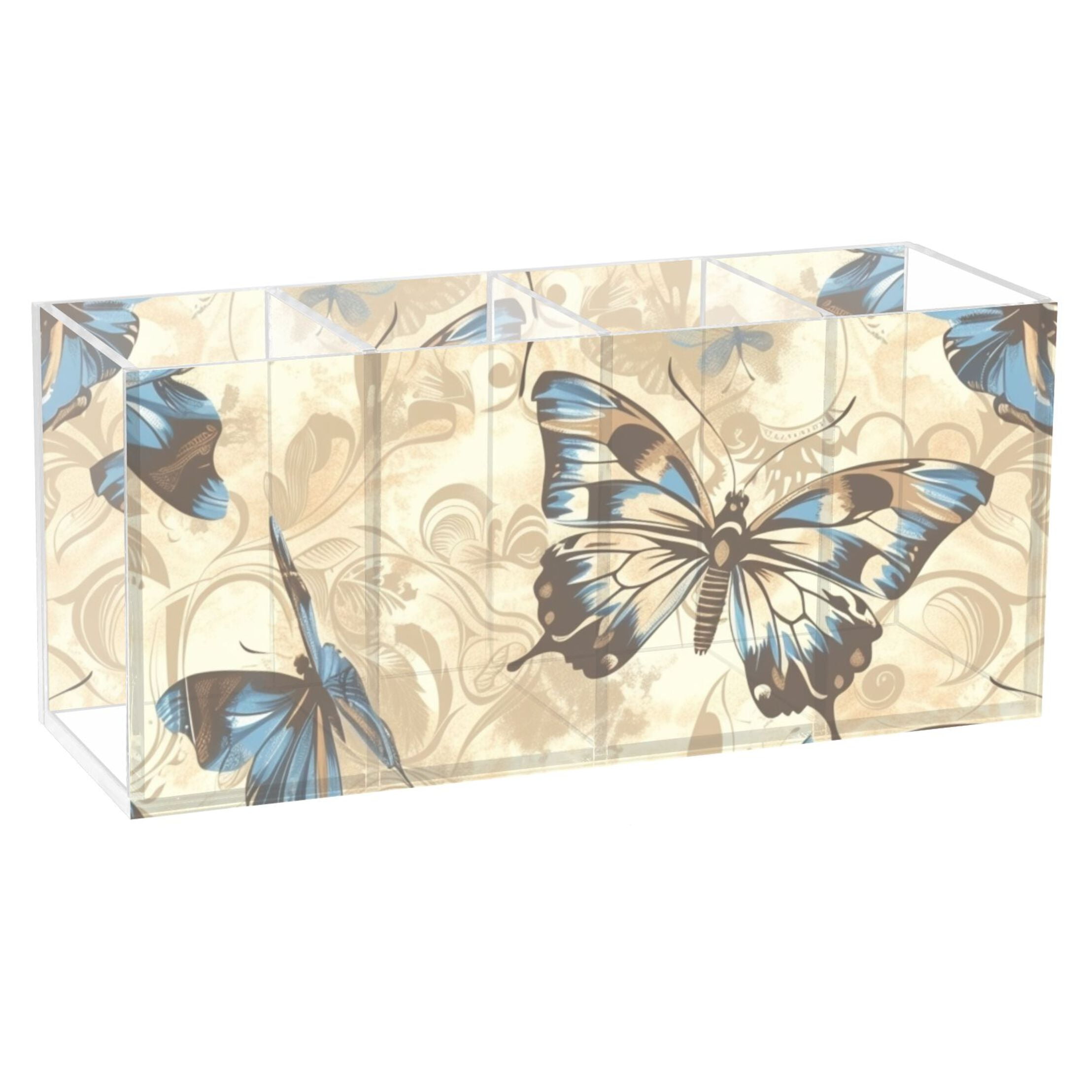 Elegant Butterflies Flying Floral Acrylic Pen Holder 4 Compartments ...